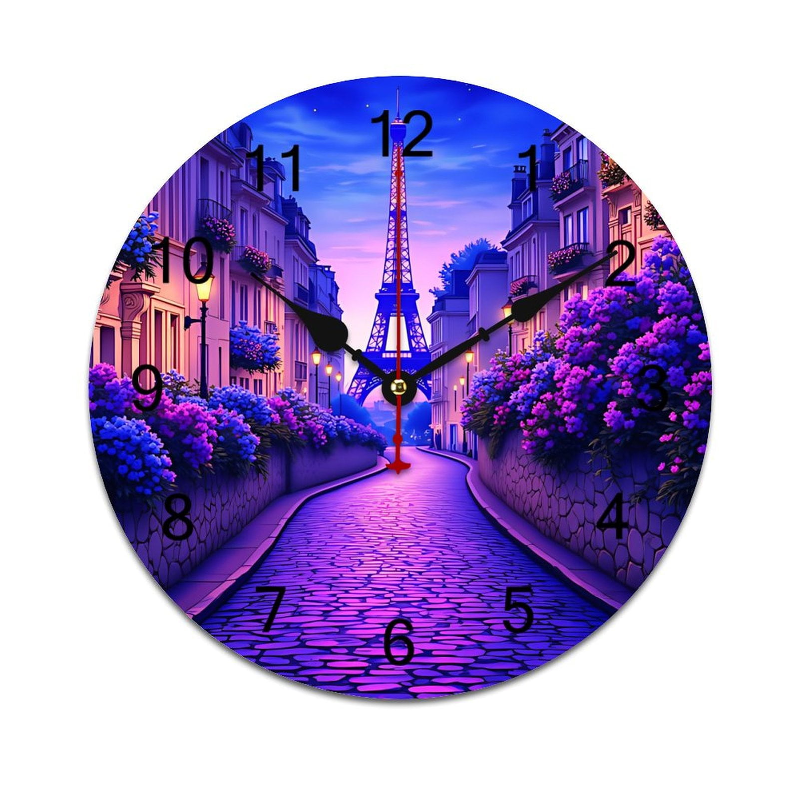 Colorful Leaves Floral Flowers Eiffel Tower Bedroom Wall Clock Large ...