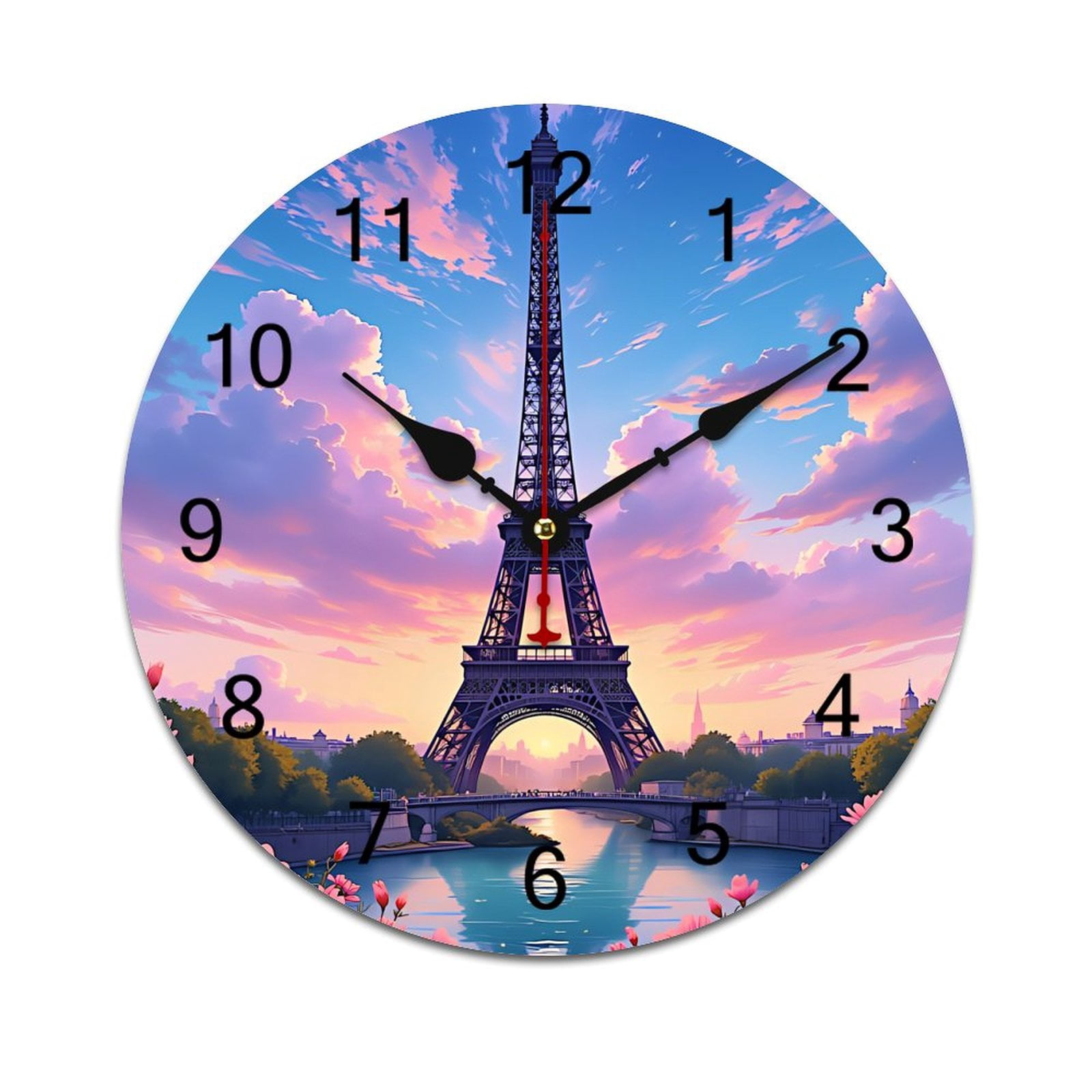 Colorful Leaves Floral Flowers Eiffel Tower Bedroom Wall Clock Large ...