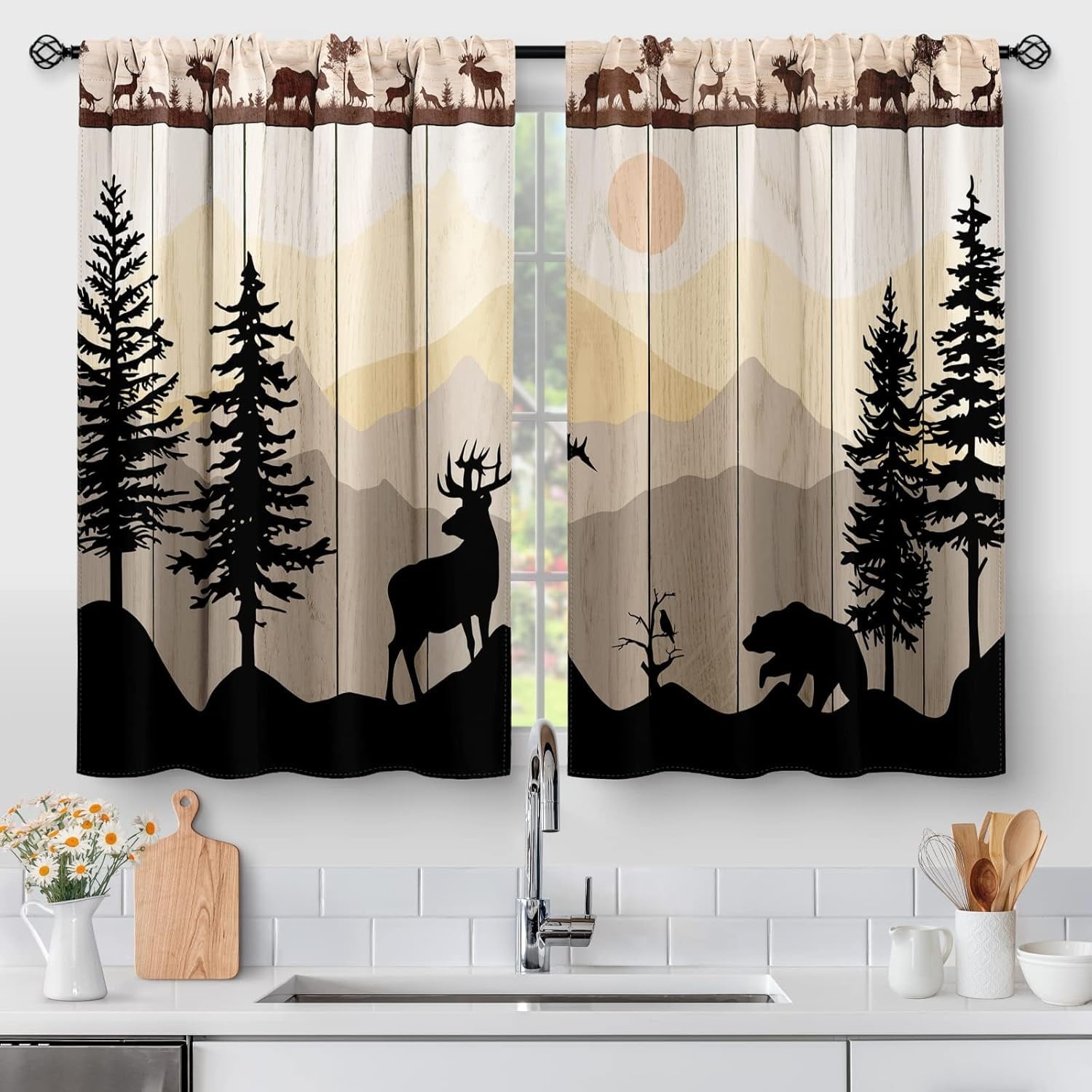 Kitchen Curtains - Forest Sunset Country Rustic Farmhouse Short Cafe ...