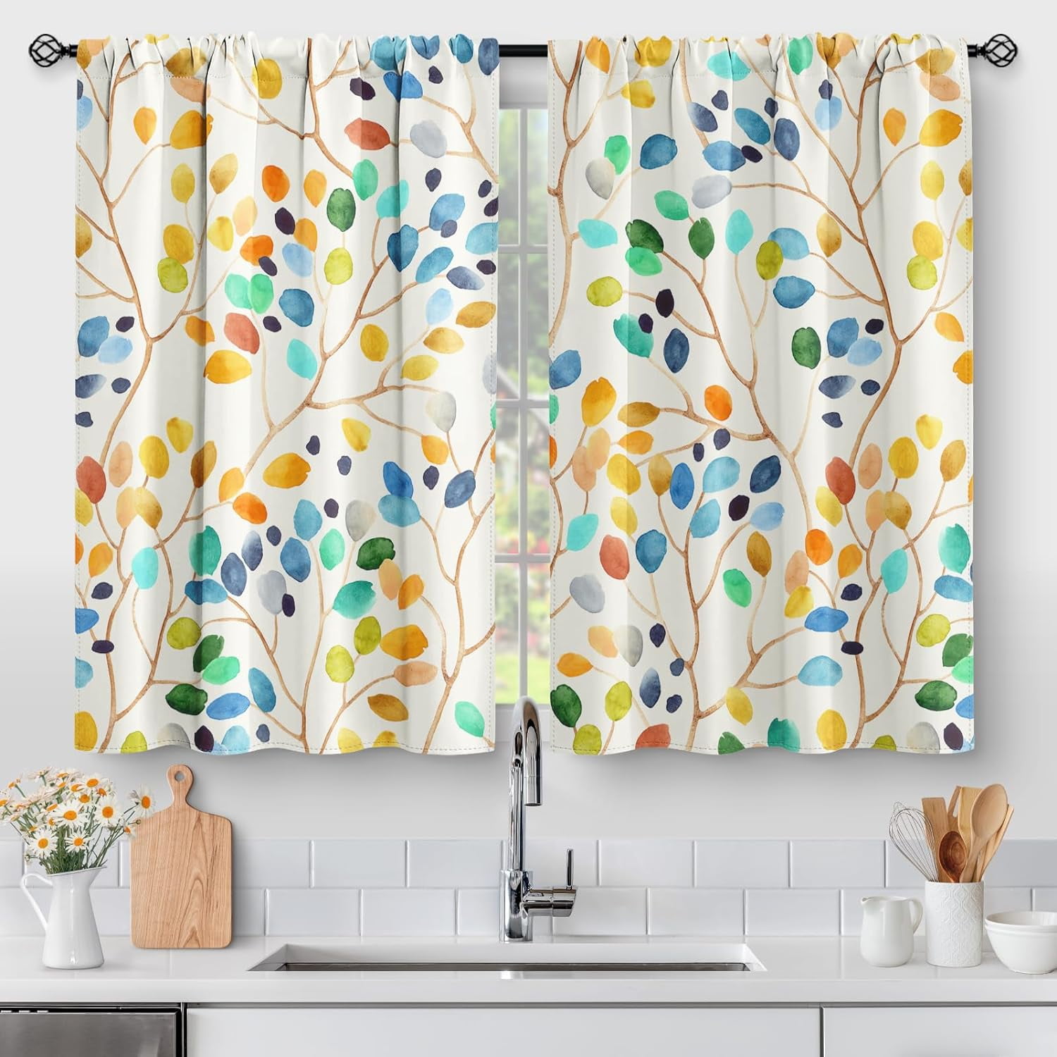 Colorful Leaves Kitchen Curtains - Floral Spring Botanical Tier Cafe ...