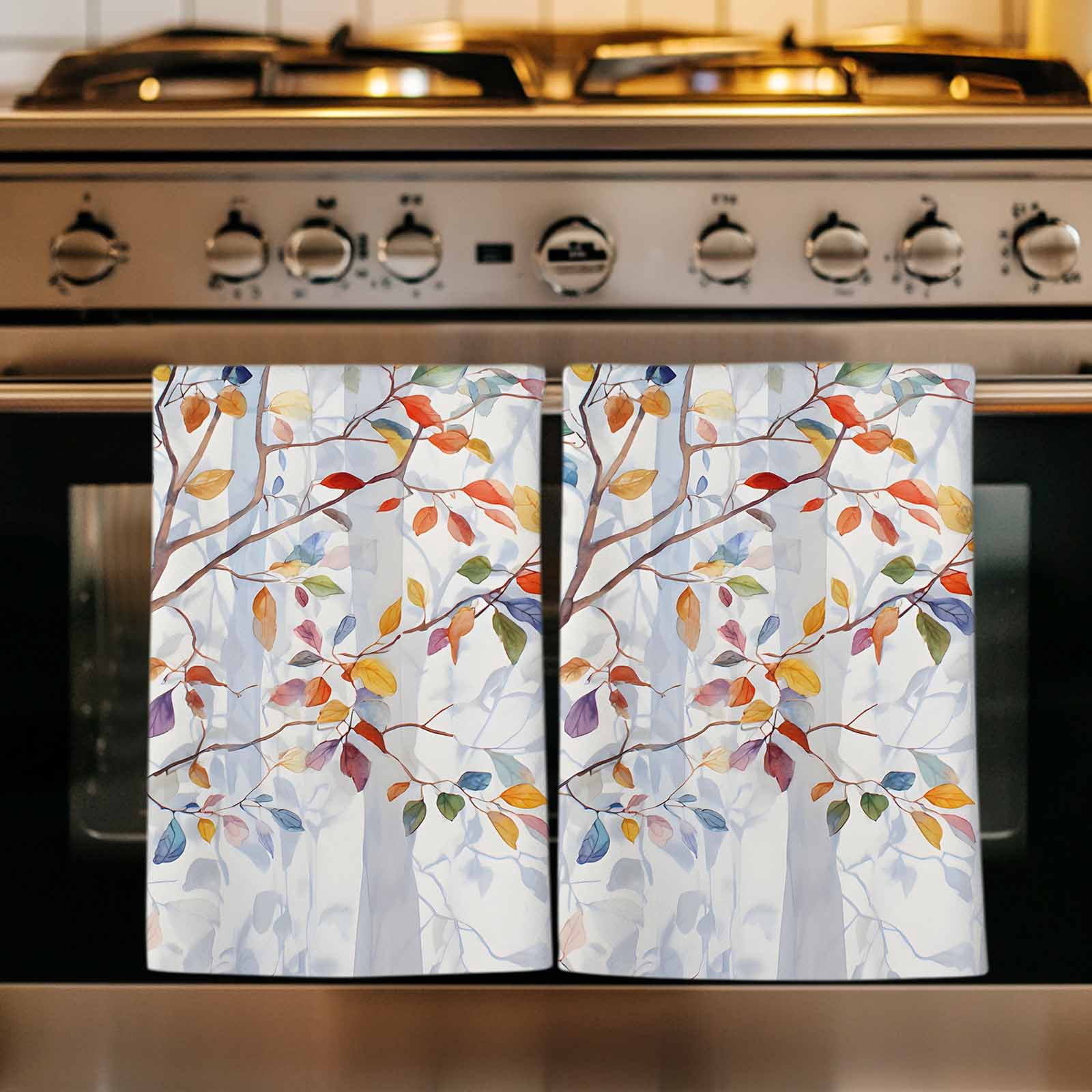 Colorful Leaves Kitchen Towels Set of 4, Modern Abstract Spring Nature ...