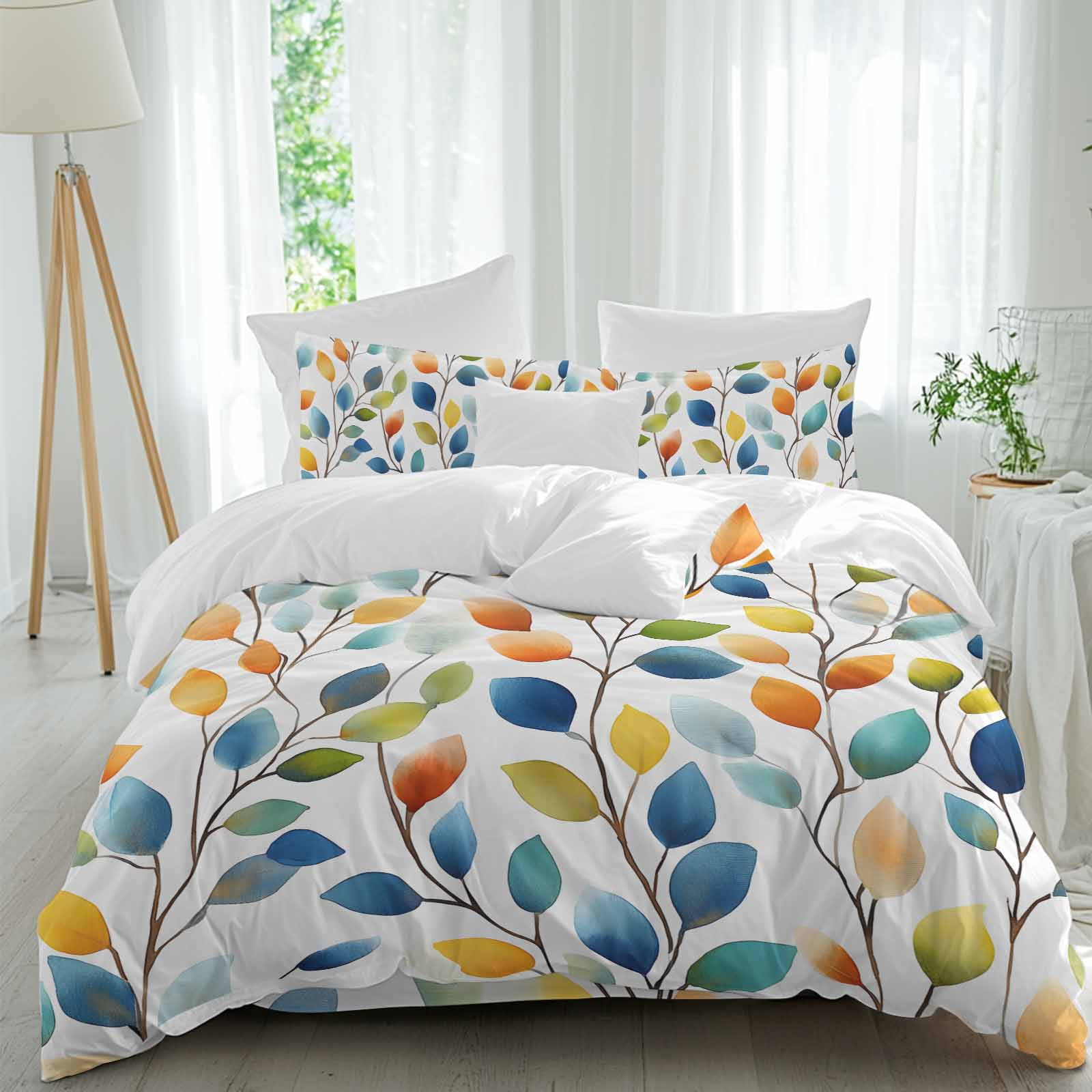 Colorful Leaves Queen Duvet Cover Set, Fall Pastoral Eucalyptus Leaf ...