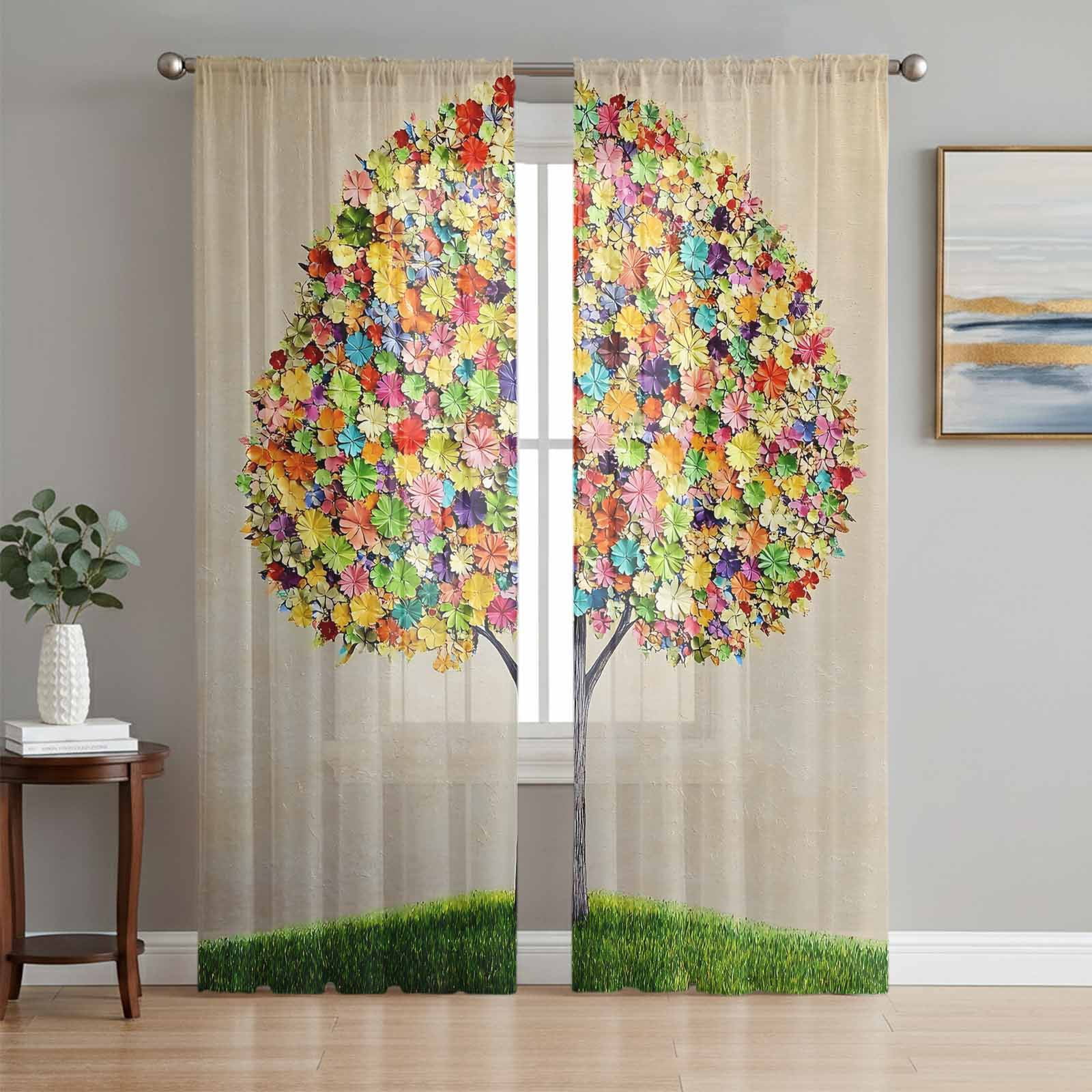 Colorful Leaves Sheer Curtains 84 Inch Length 2 Panels Set, Spring ...