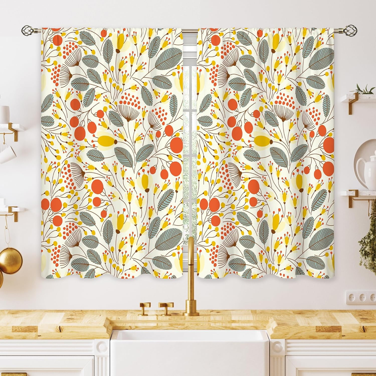 Colorful Leaves Small Kitchen Curtains Retro Rustic Flower Window ...