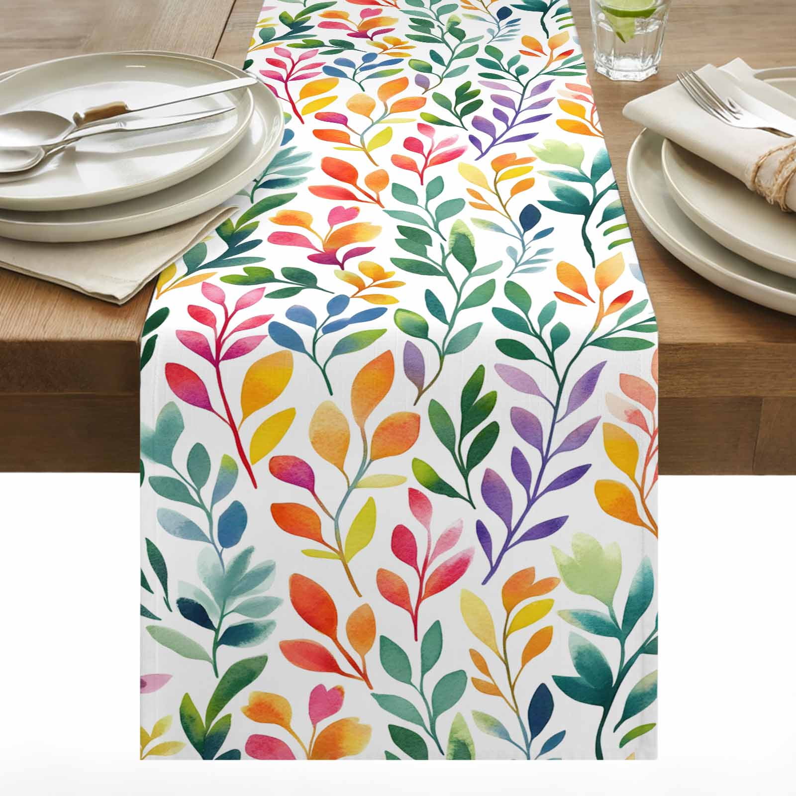 Colorful Leaves Table Runner 13x48 inch Watercolor Leaf Cotton Linen ...