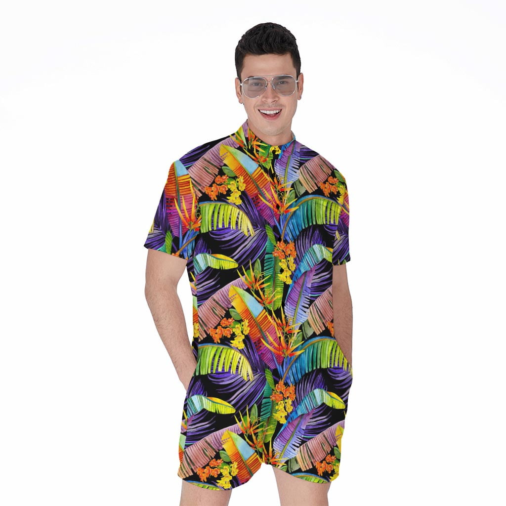 Colorful Leaves Tropical Pattern Short Sleeve Men'S Rompers, Aloha ...