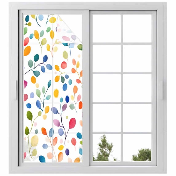 Colorful Leaves Window Privacy Film, Modern Boho Painting Plant Branch ...