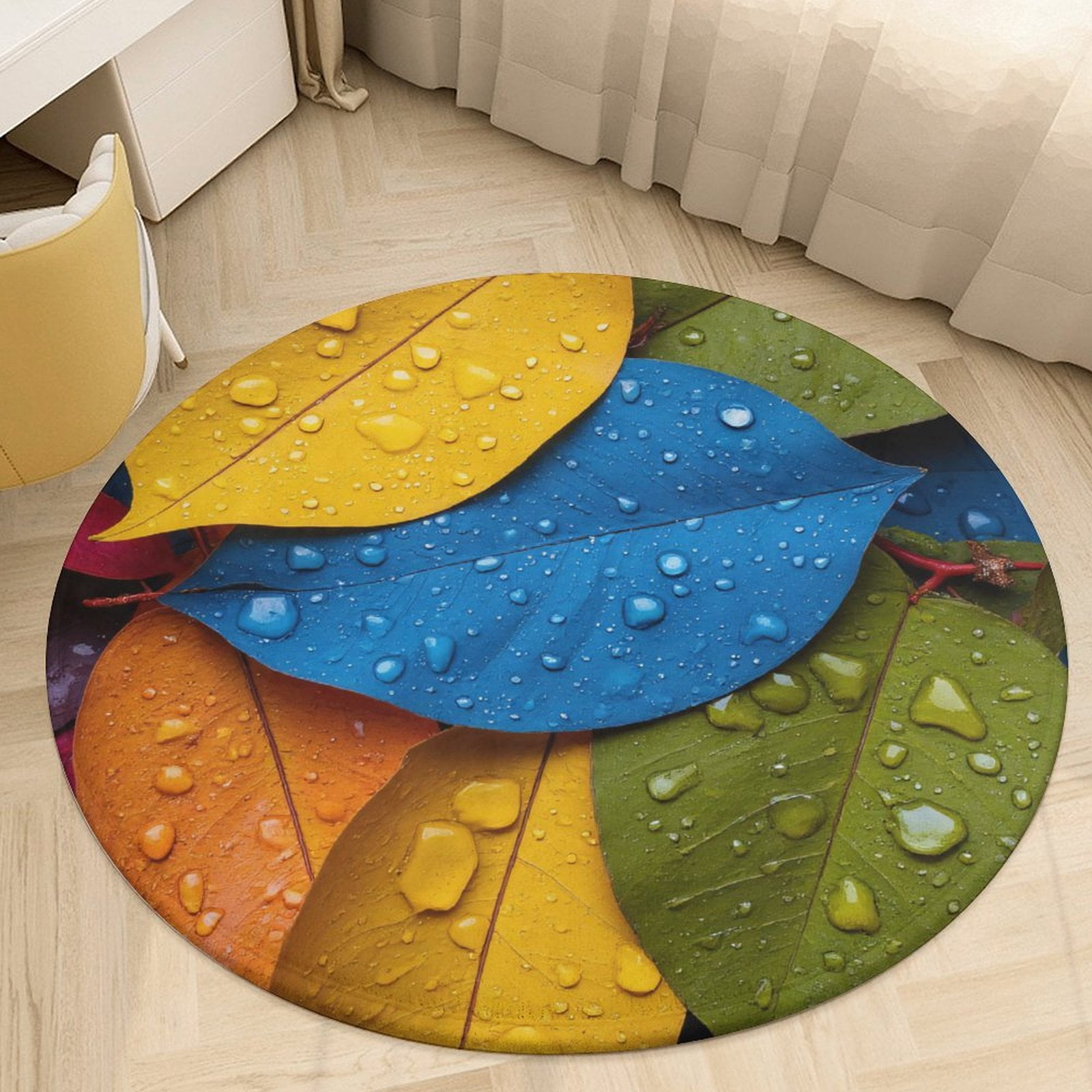 Colorful Leaves with Raindrops Round Area Rugs for Bedroom Living Room ...