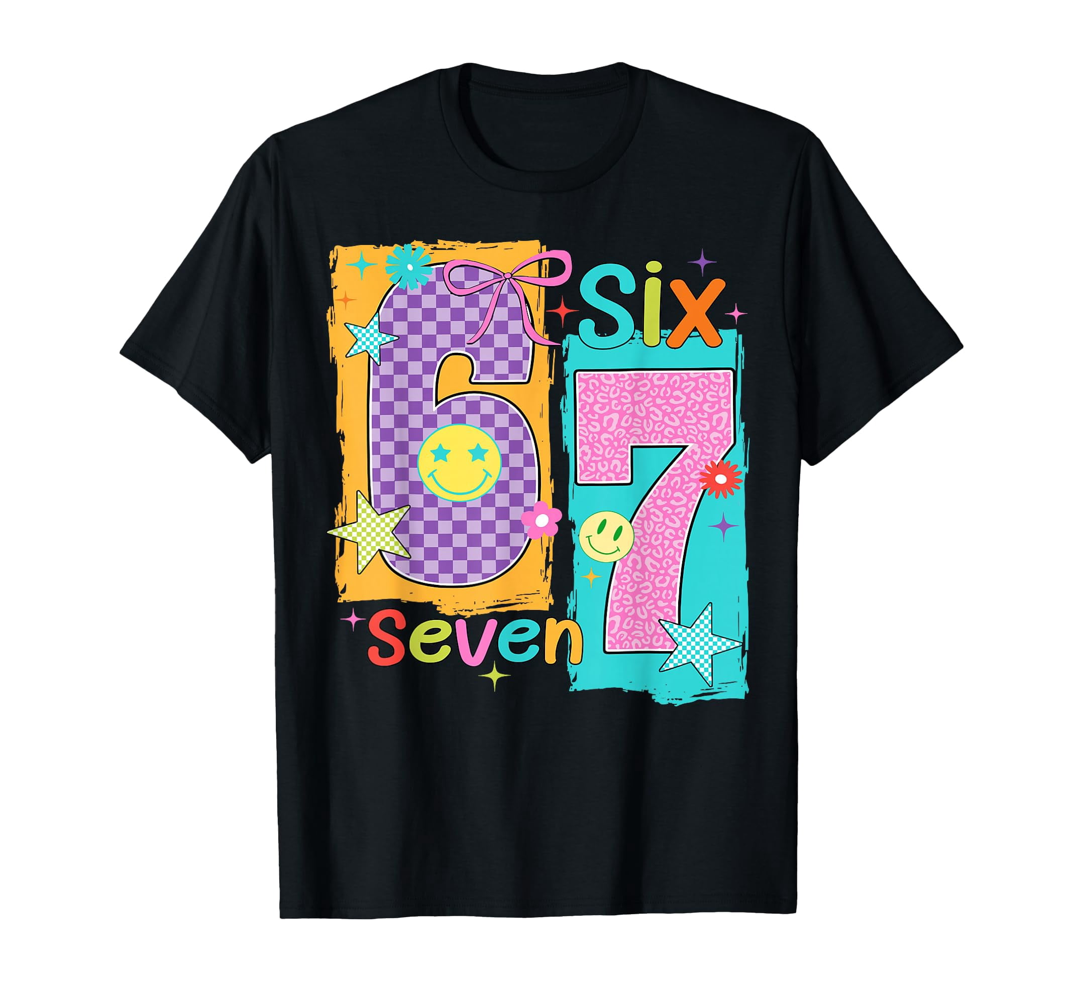 Colorful Leopard Checkered Funny Six Seven Meme T-Shirt for Playful ...