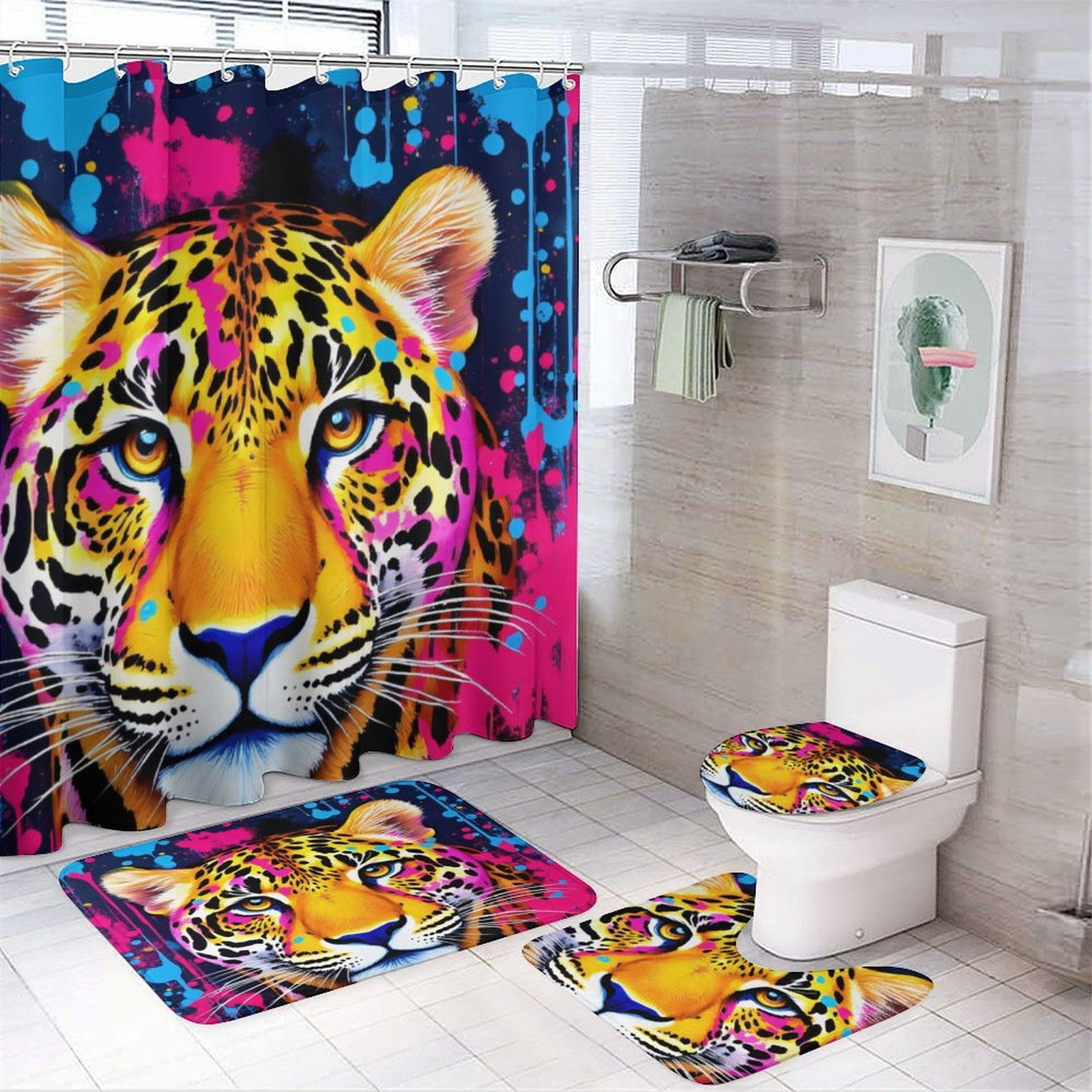 Colorful Leopard Graffiti Art Shower Curtain Bathroom Sets Toilet Lid ...
