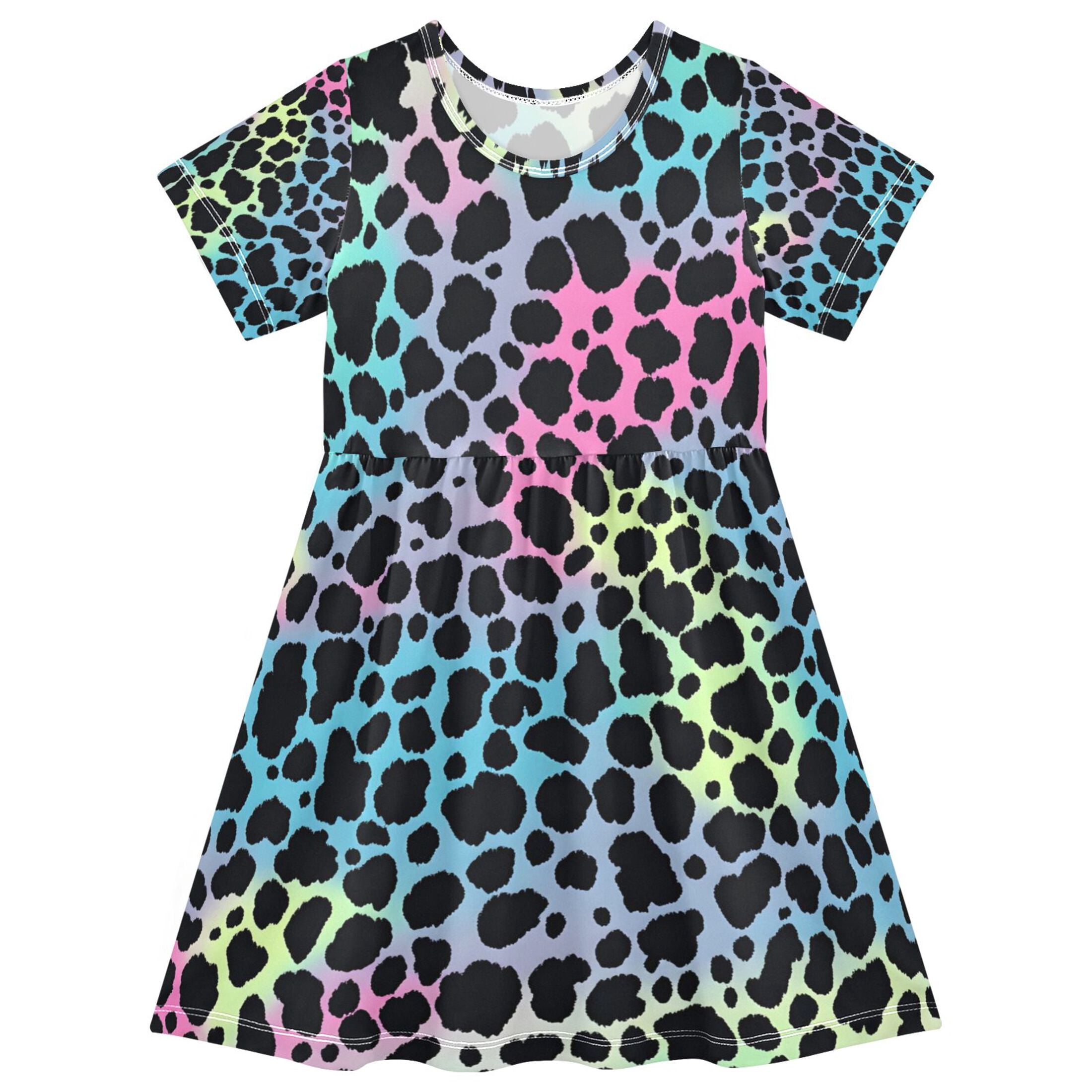 Colorful Leopard Pattern Girls Short Sleeve Dress A Line Sun Protection ...