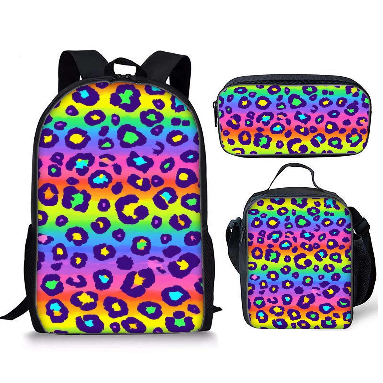 Colorful Leopard Print Pattern Backpacks Bookbag Bags Rucksack Lunch Bag Pen Bag Three-Piece Set ...