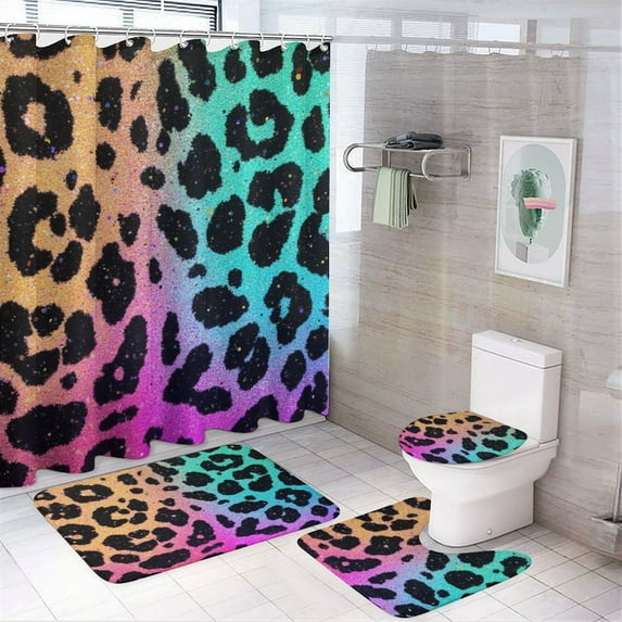 Colorful Leopard Print Pattern Shower Curtain Sets Non-Slip Rugs Bath ...