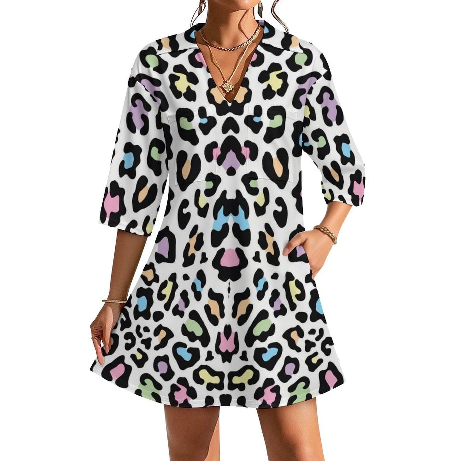 Colorful Leopard Print Womens Dress With Pockets Summer V Neck 3/4 ...