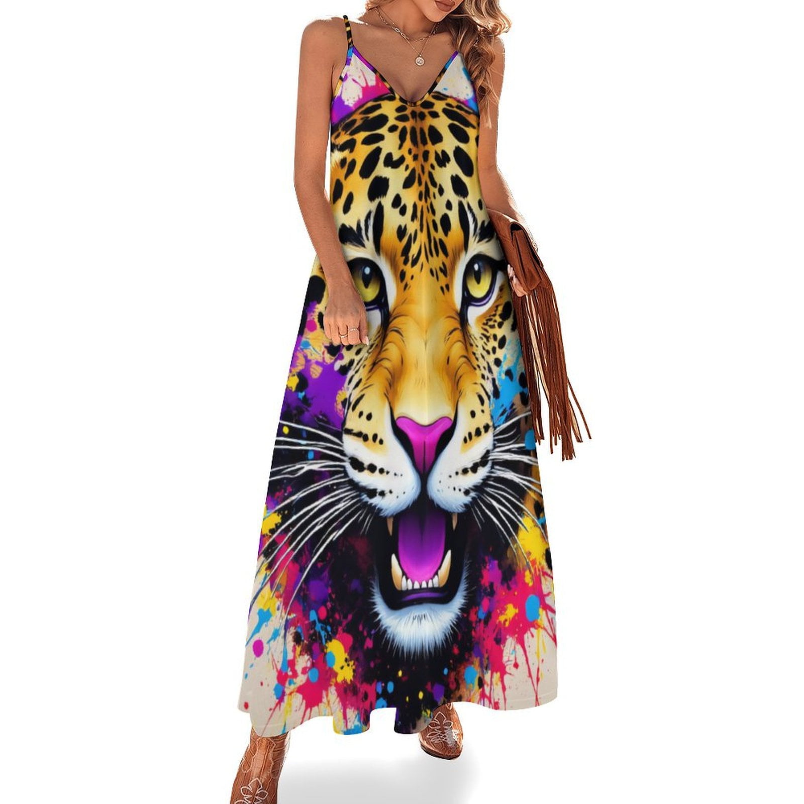 Colorful Leopard Splash Art Design Sleeveless Dress Woman Fashion Long ...
