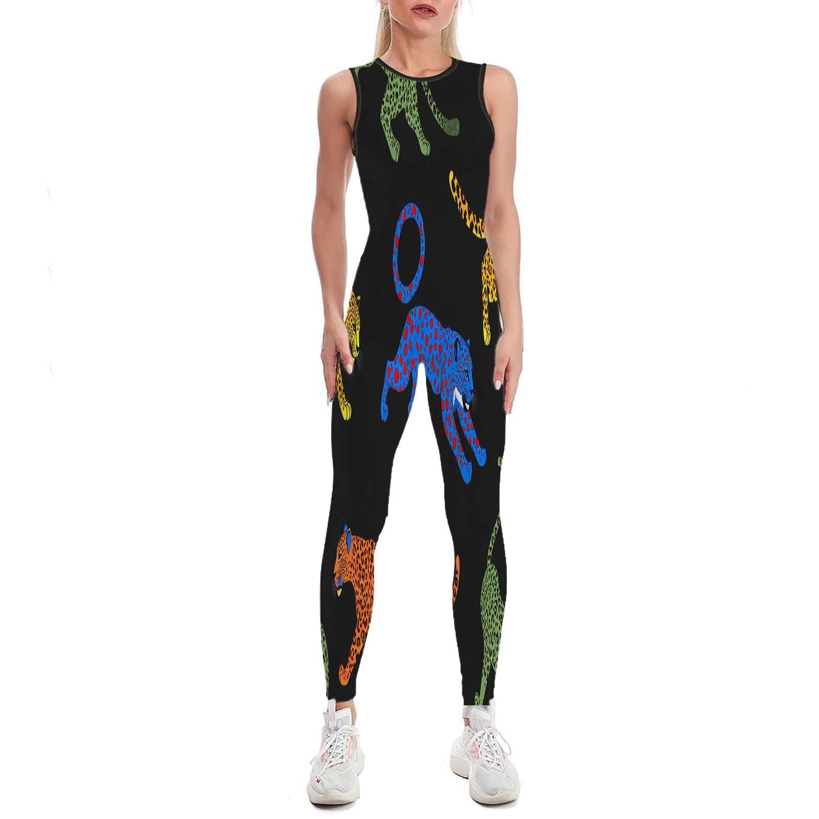 Colorful Leopards Seamless Pattern Women's One Piece Yoga Jumpsuits ...