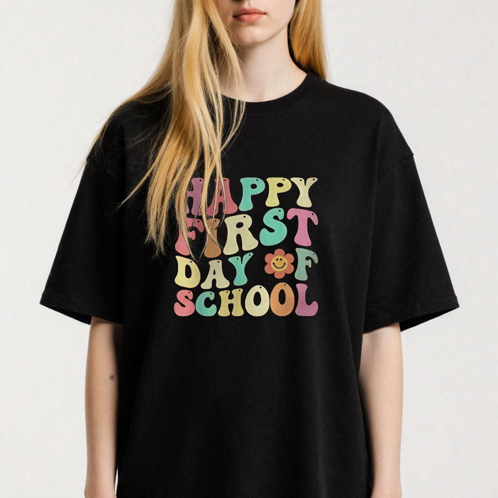 Colorful Letter Graphic for Kids Happy First Day of School Casual Tee ...