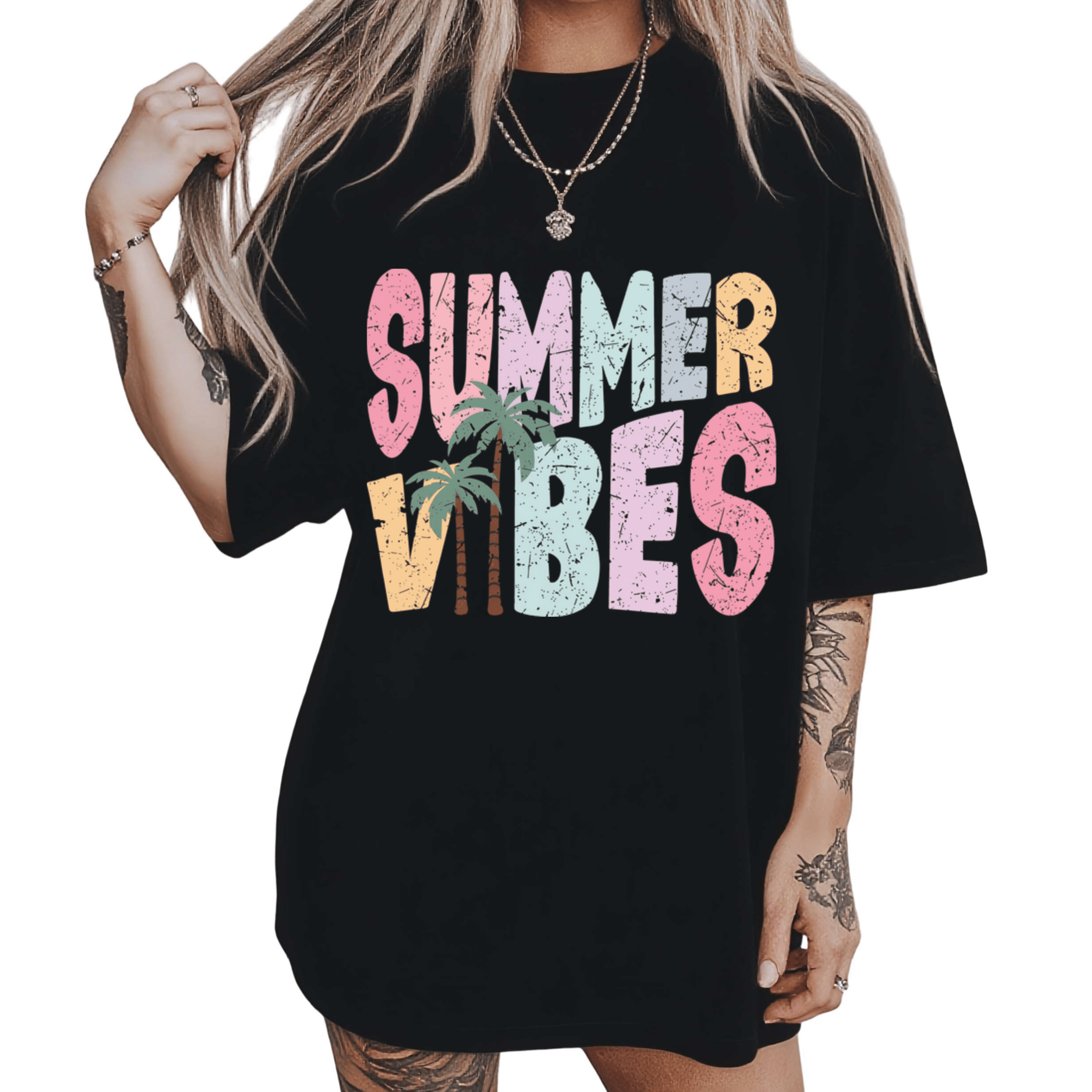 Colorful Letter Palms Shirts Black S-5XL Joyful Vacation Art Print ...