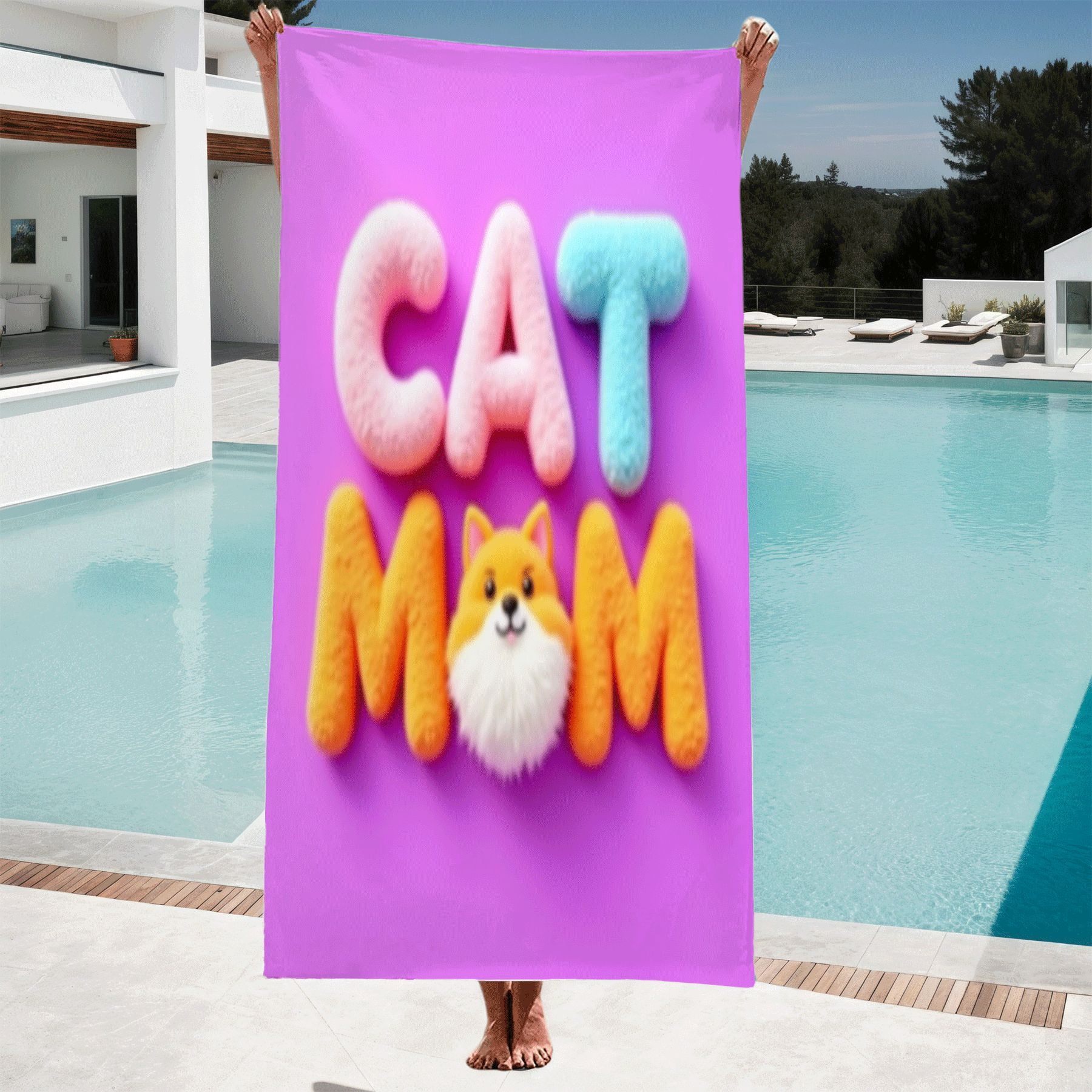 Colorful Letters Beach Towel - Fun ' CAT MOM ' Design on Purple ...