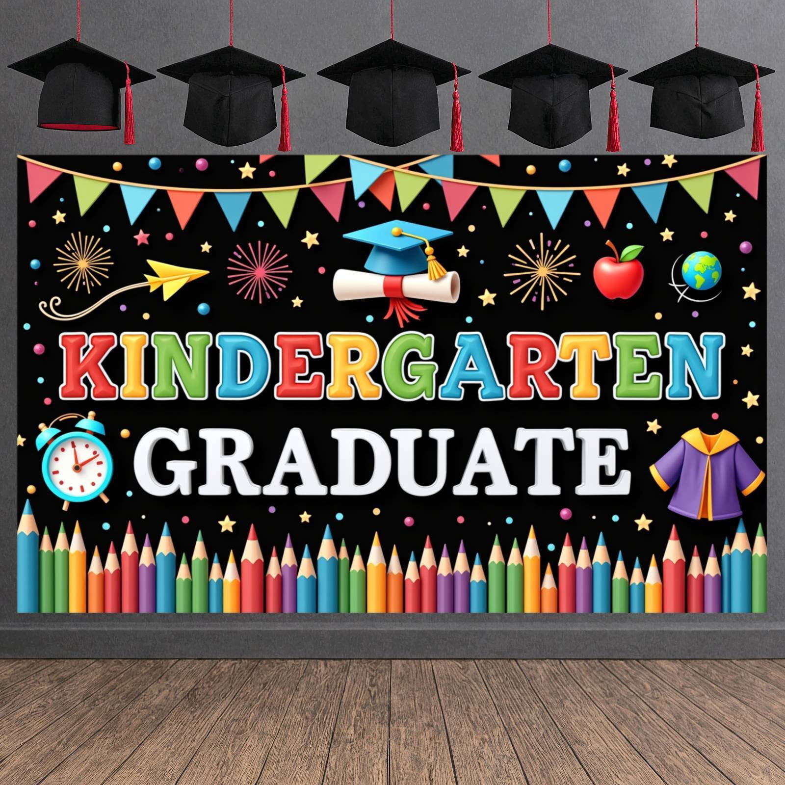 Colorful Letters Kindergarten Graduation Banner Graduation Cap Design ...