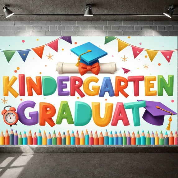 Colorful Letters Kindergarten Graduation Banner Graduation Cap Design ...