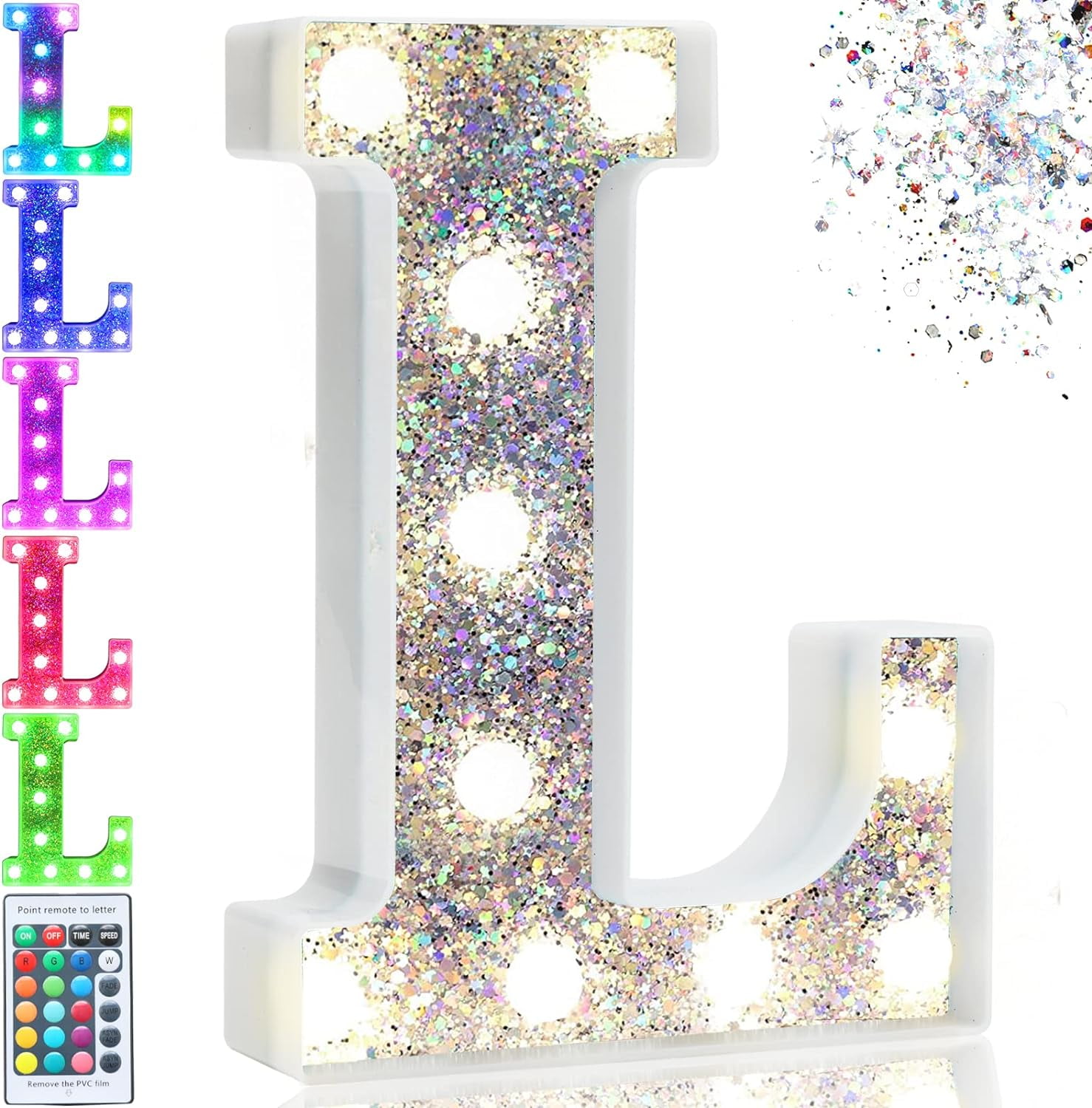Lovelite Silver LED Light Up Letter L, Multicolor Flashing Glitter ...