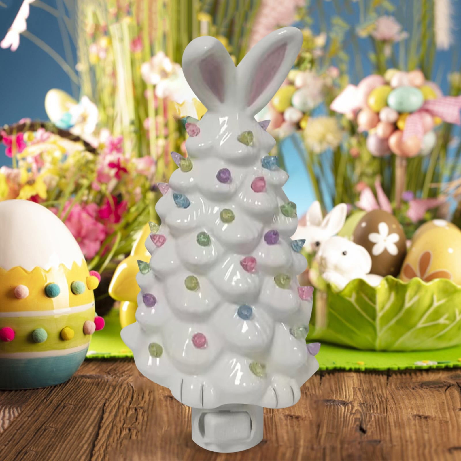 Colorful Lighted Easter Bunny Tree Ceramic Figurines Tabletop Decor Pre ...