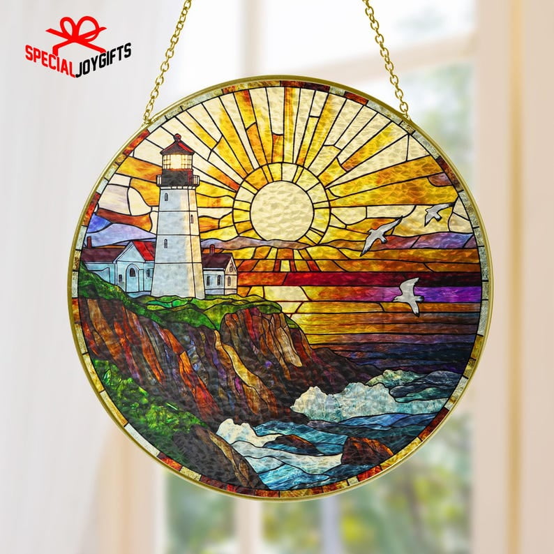 Colorful Lighthouse Suncatcher, Lighthouse Golden Stand Stained Glass ...