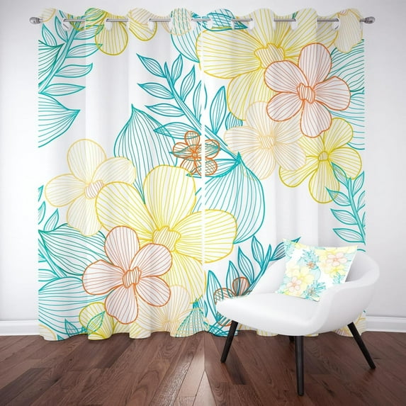 Colorful Line Floral Grommet Curtains Window Treatment, Boho Botanical ...