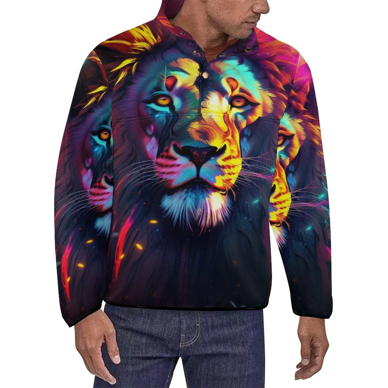 Colorful Lion Art Men's Stand Collar Sweater Long Sleeve Clothing Loose ...