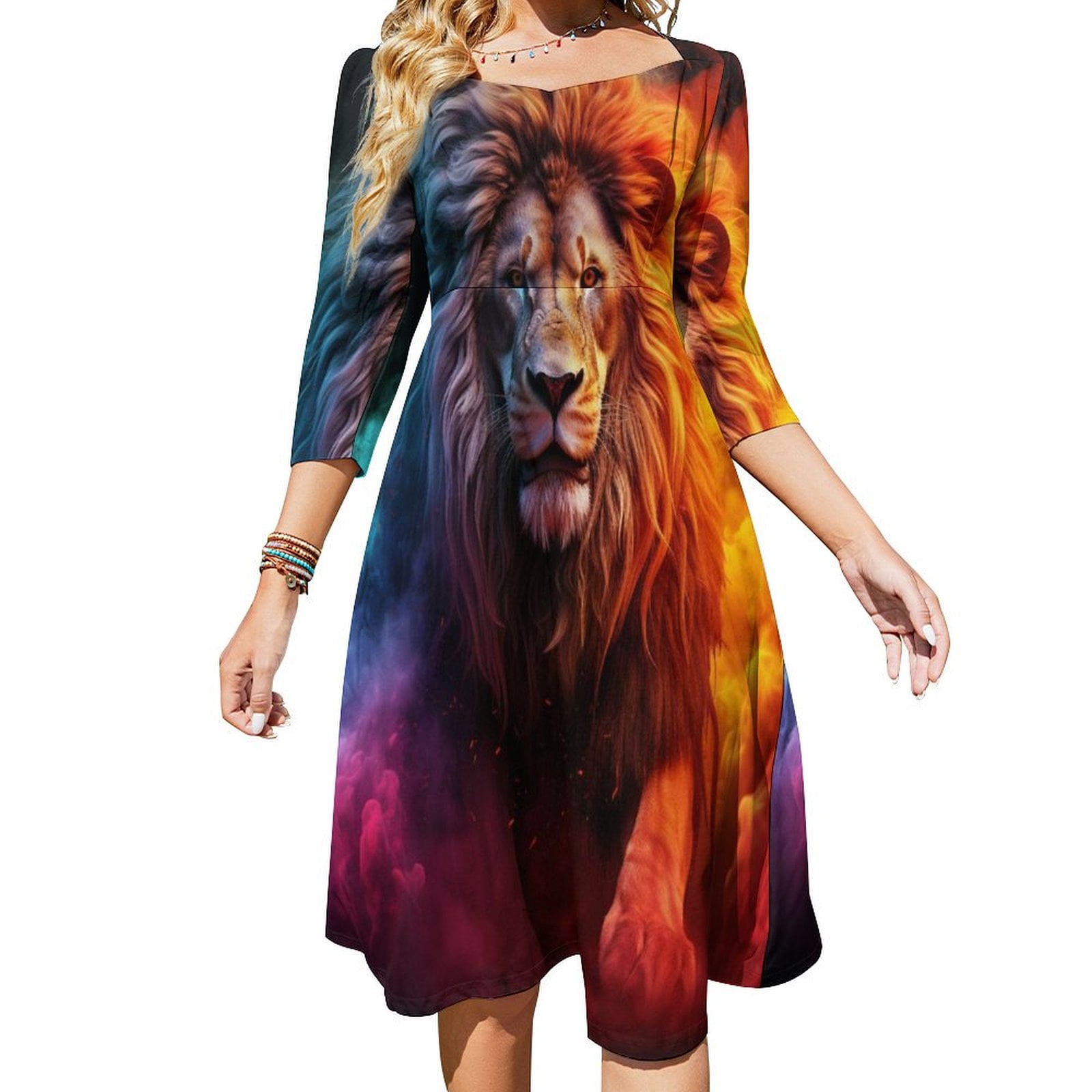 Colorful Lion Flame Art Women's Fall Dresses Casual Loose Flowy Swing ...