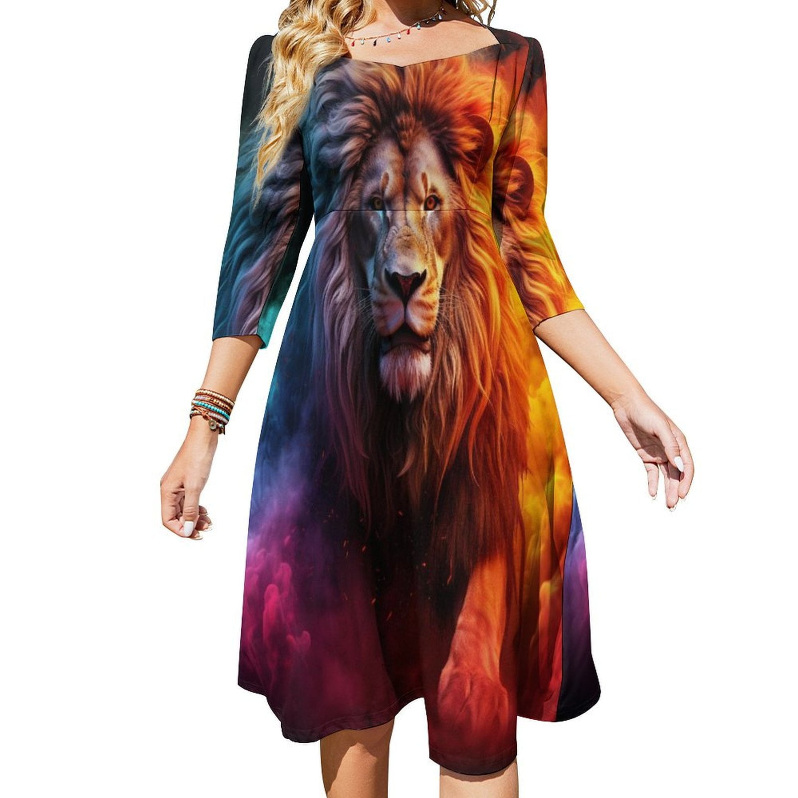 Colorful Lion Flame Art Womens Summer Dress Tie Back A Line Flare Dress ...