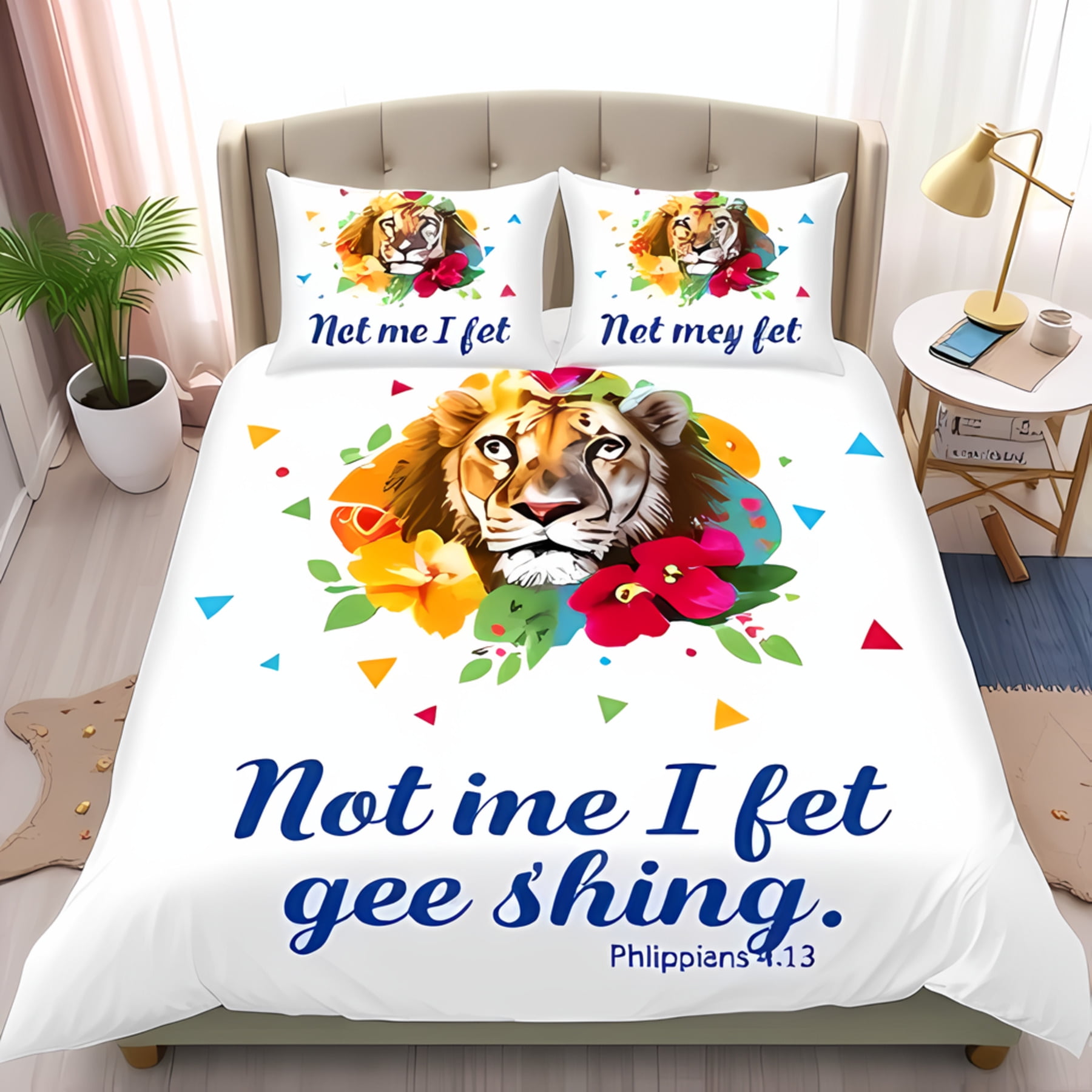 Colorful Lion Floral 3-Piece Duvet Cover Set with Inspirational Text ...