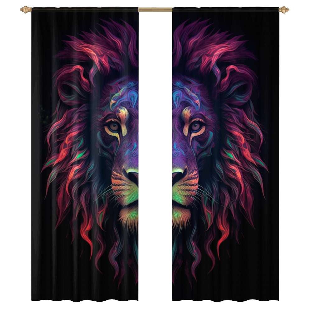Colorful Lion Portrait Sheer Window Curtains for Living Room Kitchen ...