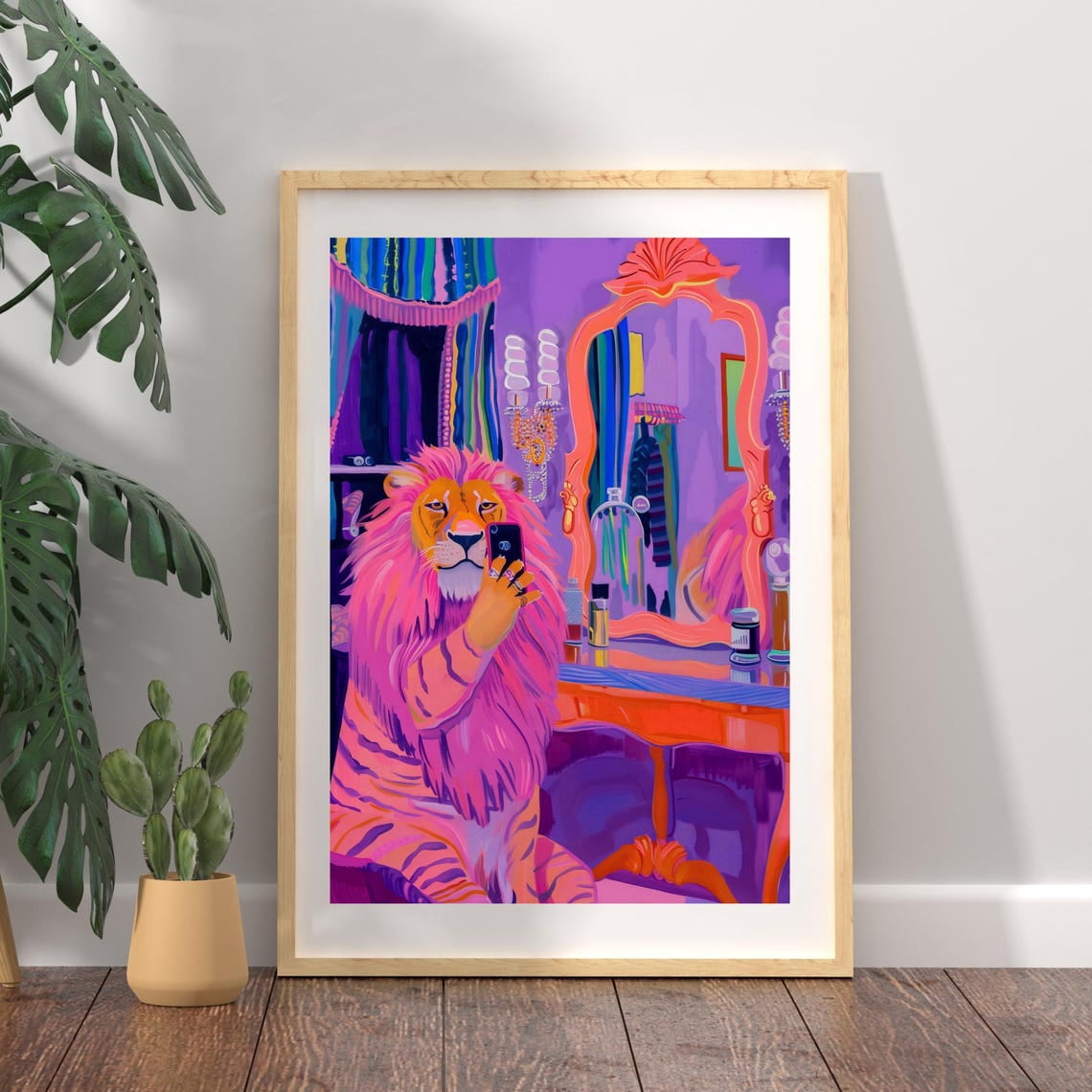 Colorful Lion Selfie Print, Maximalist Animal Wall Art, Bold Whimsical ...