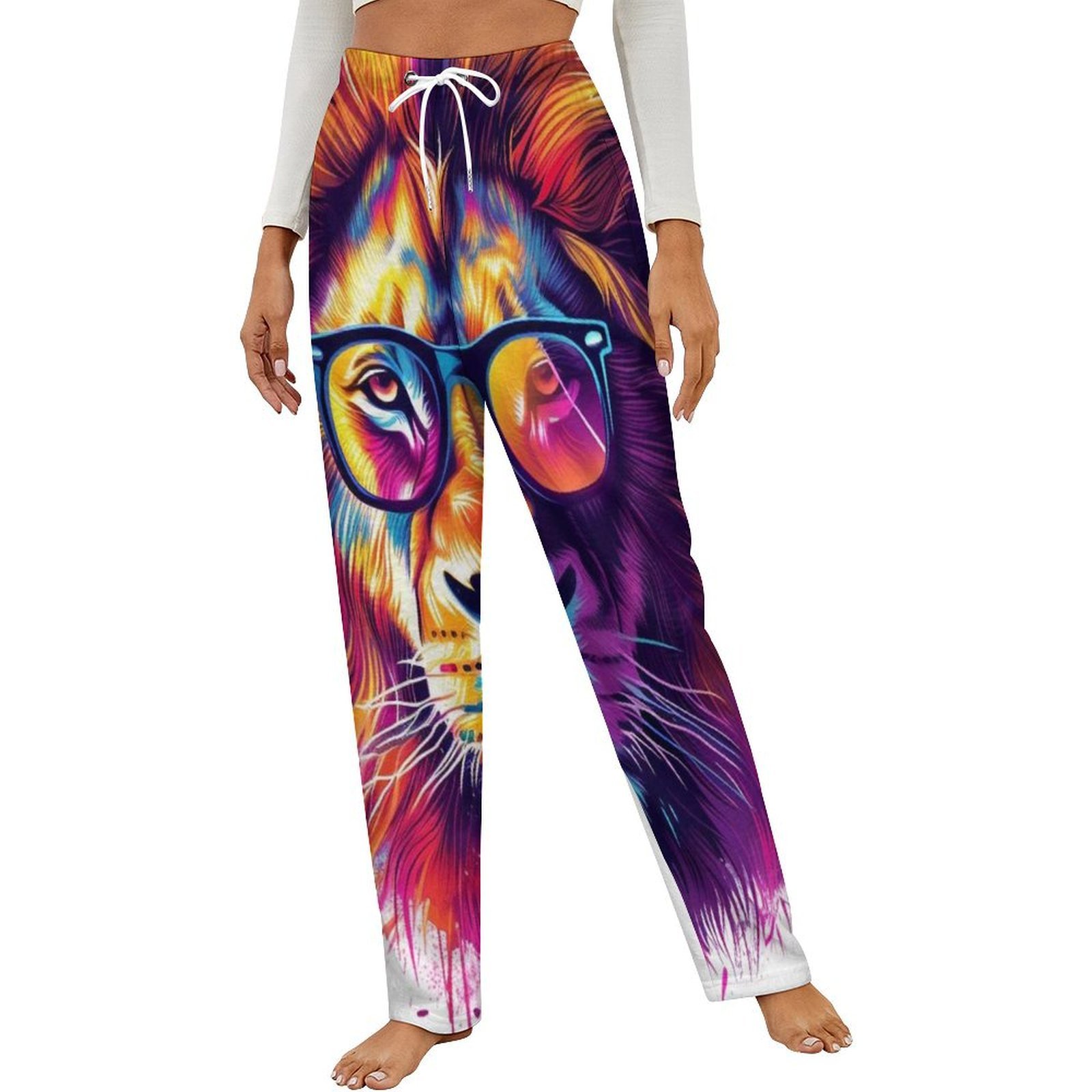 Colorful Lion With Glasses Art Winter Female Pants Flannel High Waist ...