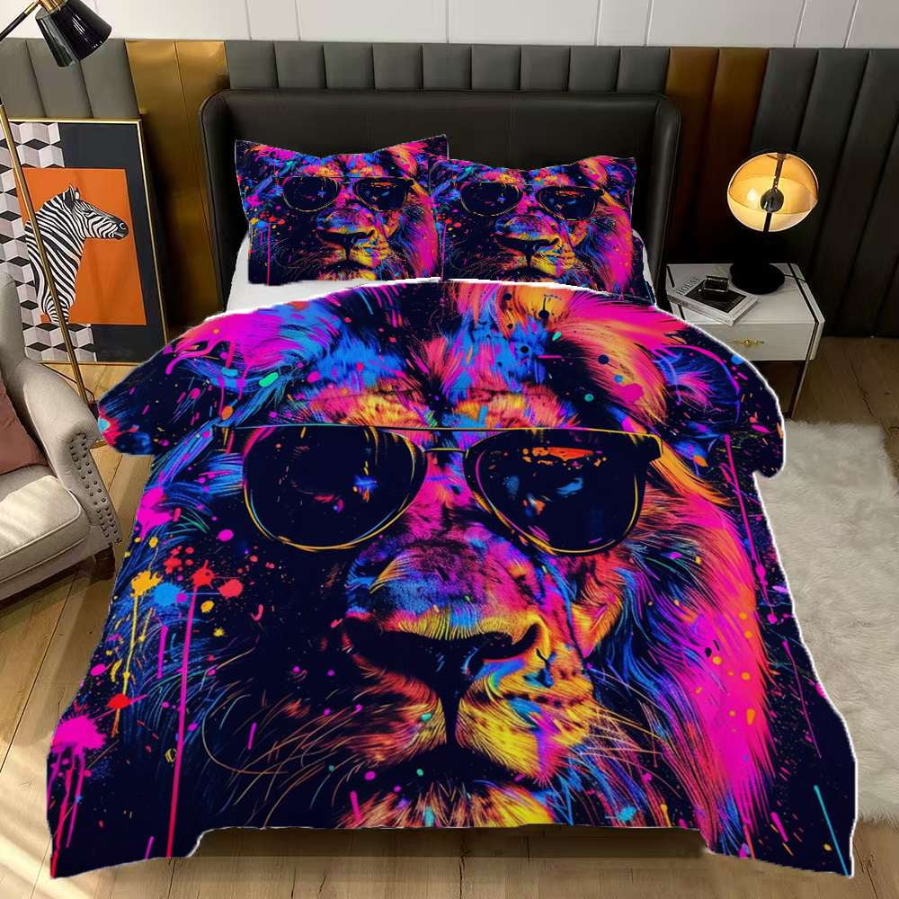 Colorful Lion With Sunglasses Art Comforter Set Full Size Bedding Set ...
