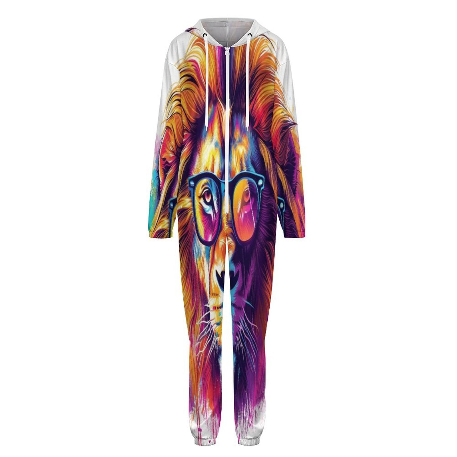 Colorful Lion with Glasses Art Unisex Adult Onesie Pajamas with Pockets ...