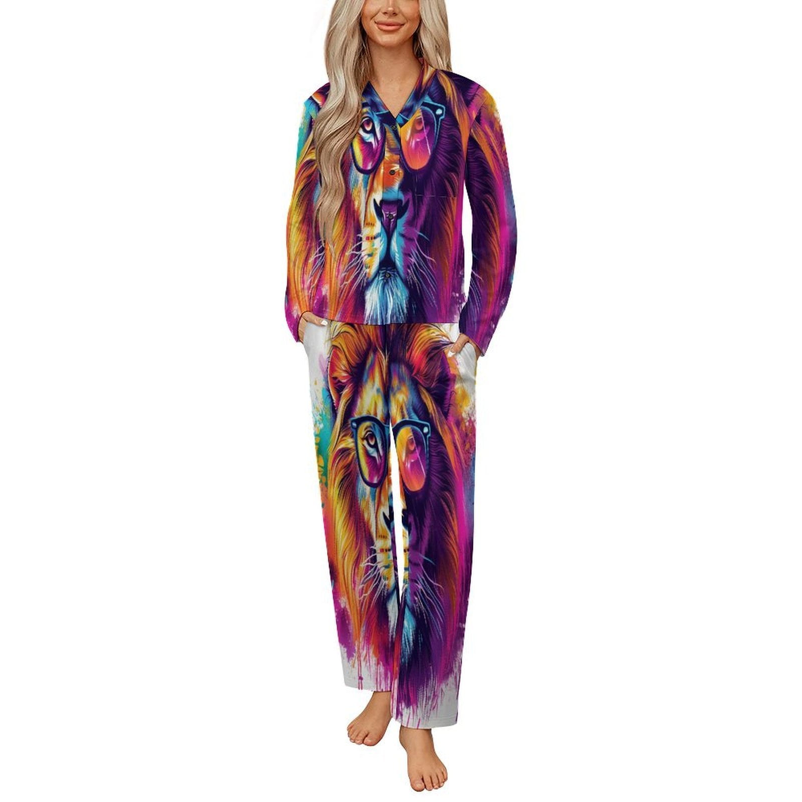 Colorful Lion with Glasses Art Womens Pyjamas Set Button Up Pyjamas ...