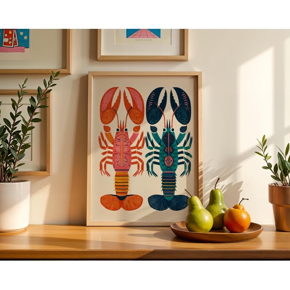 Colorful Lobster Art Print, Folk Art Wall Art, Pink Blue Coastal ...