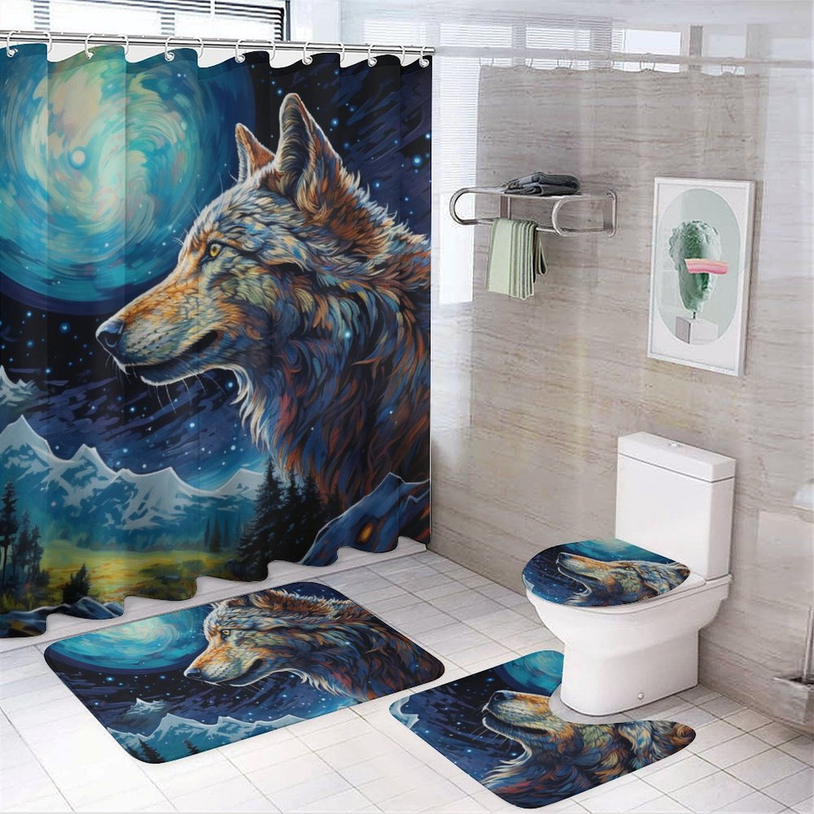 Colorful Lone Wolf Bathroom Sets with Shower Curtain And Rugs, Incl ...