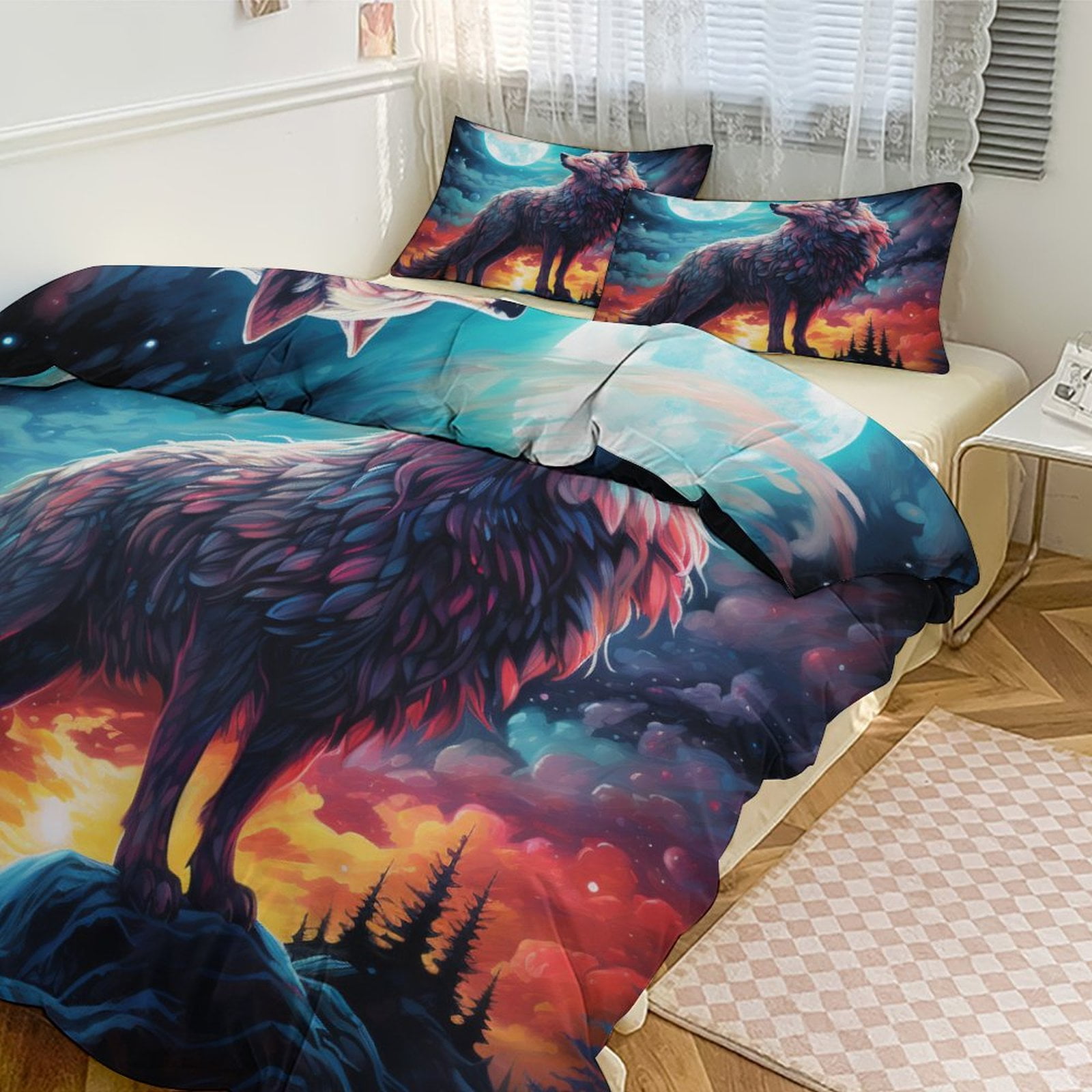Colorful Lone Wolf Bedding Set with Zipper Closure for Girls & Boys ...