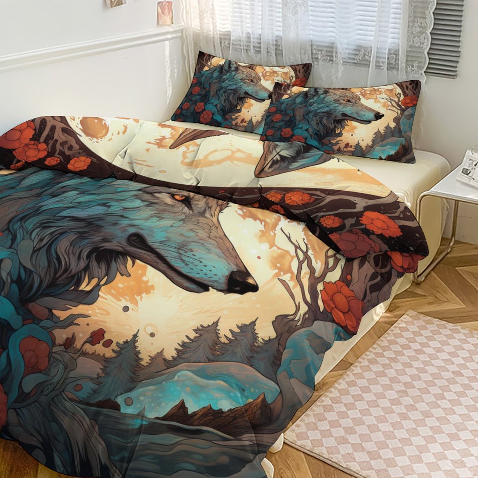 Colorful Lone Wolf Bedding Sets Twin Duvet Cover 3 Piece Cute Bed Set ...
