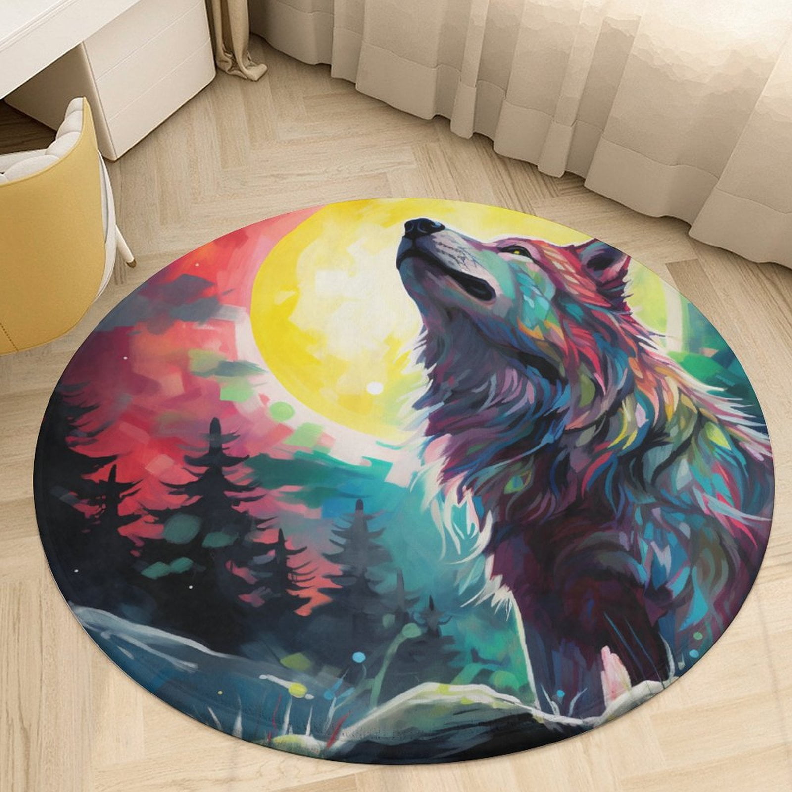 Colorful Lone Wolf Round Rugs -Washable Non-Slip Small Round Area Rug ...
