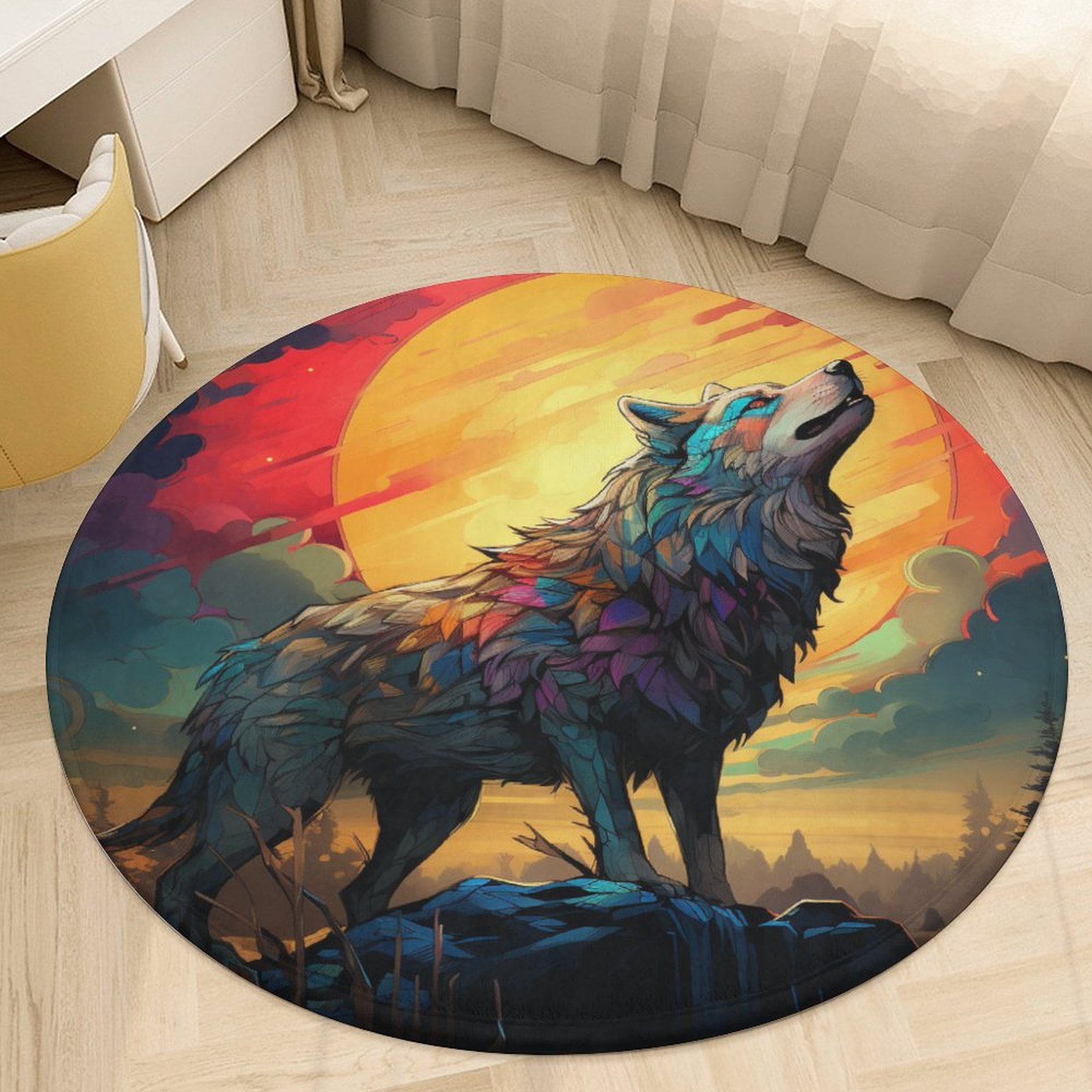 Colorful Lone Wolf Round Rugs -Washable Non-Slip Small Round Area Rug ...