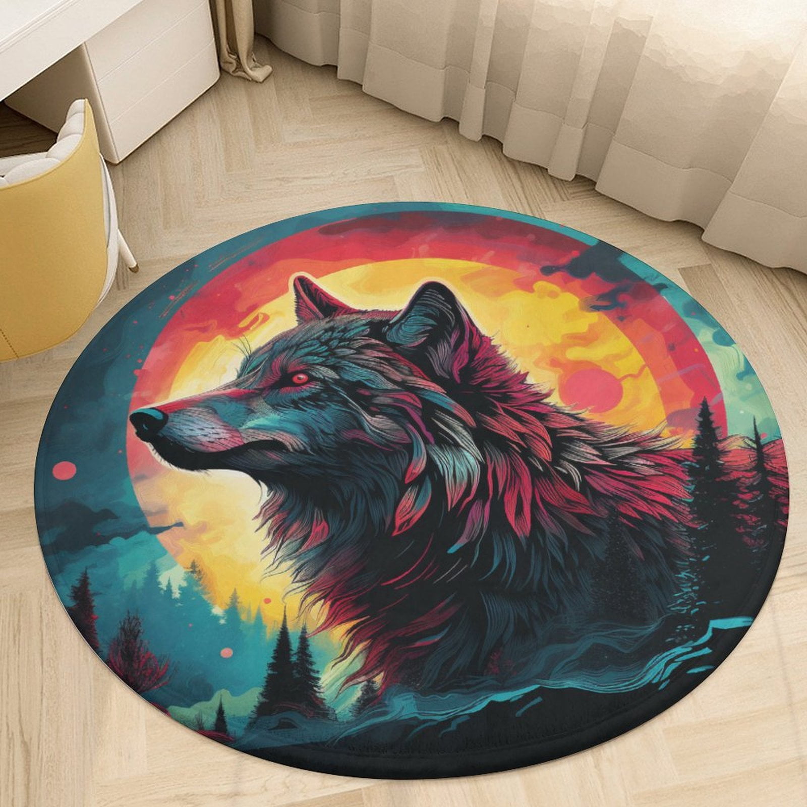 Colorful Lone Wolf Round Rugs -Washable Non-Slip Small Round Area Rug ...