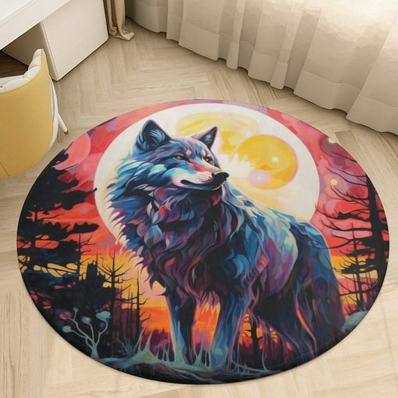 Colorful Lone Wolf Round Small Area Rug, Print Non Slip Washable Floor Mat, Soft Throw Rug for ...