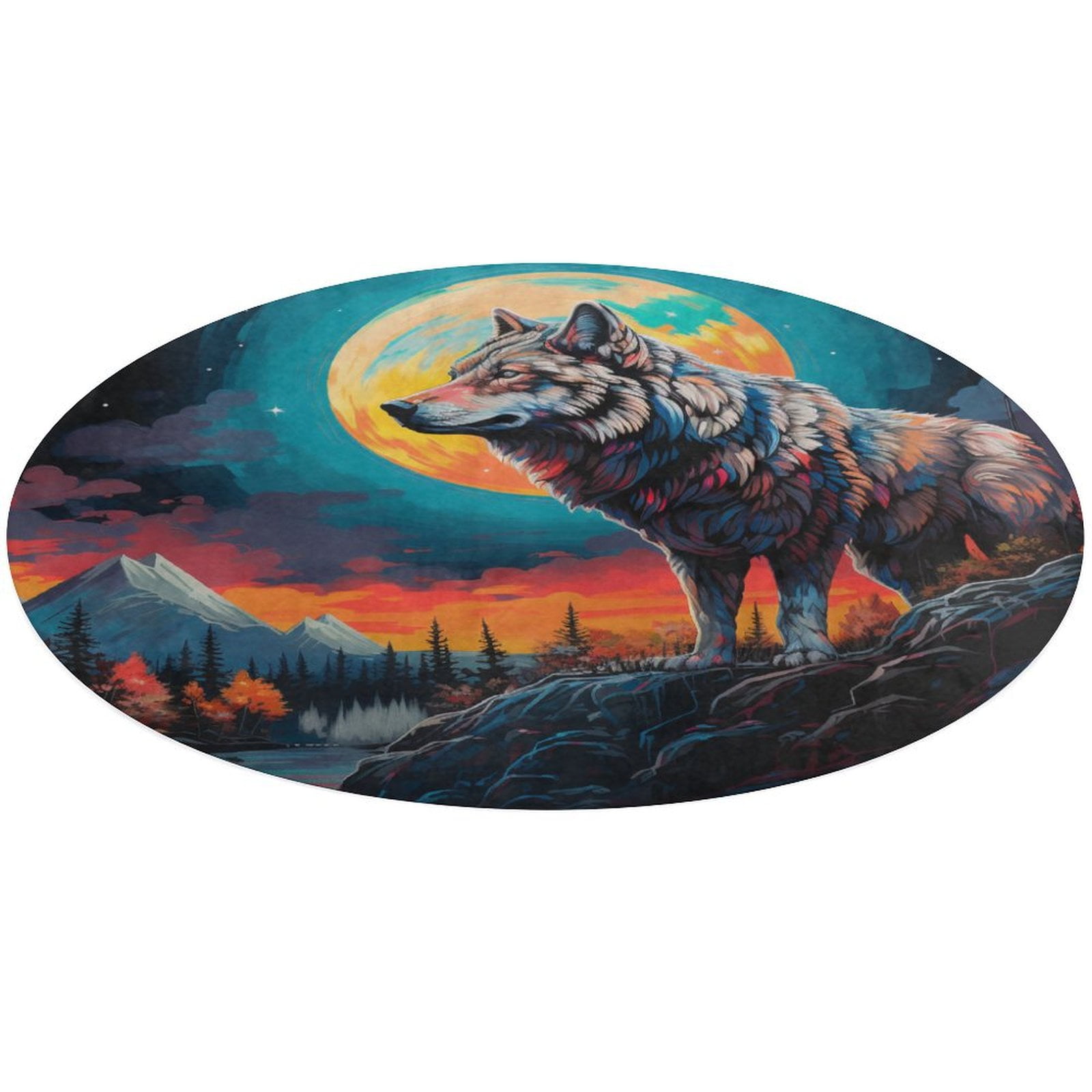 Colorful Lone Wolf Round Small Area Rug, Print Non Slip Washable Floor ...