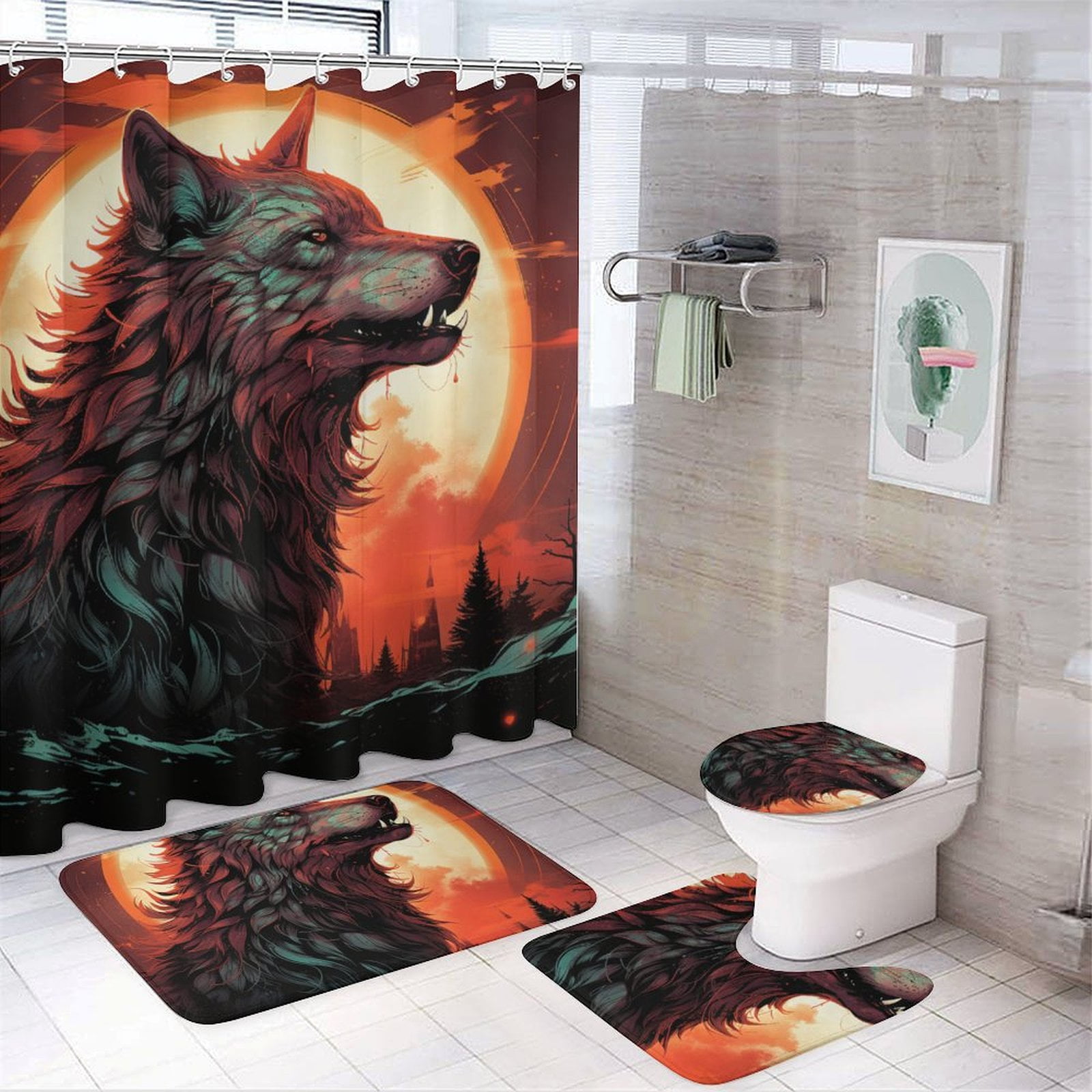Colorful Lone Wolf Shower Curtain Sets with Rugs 4 Piece Rustic ...