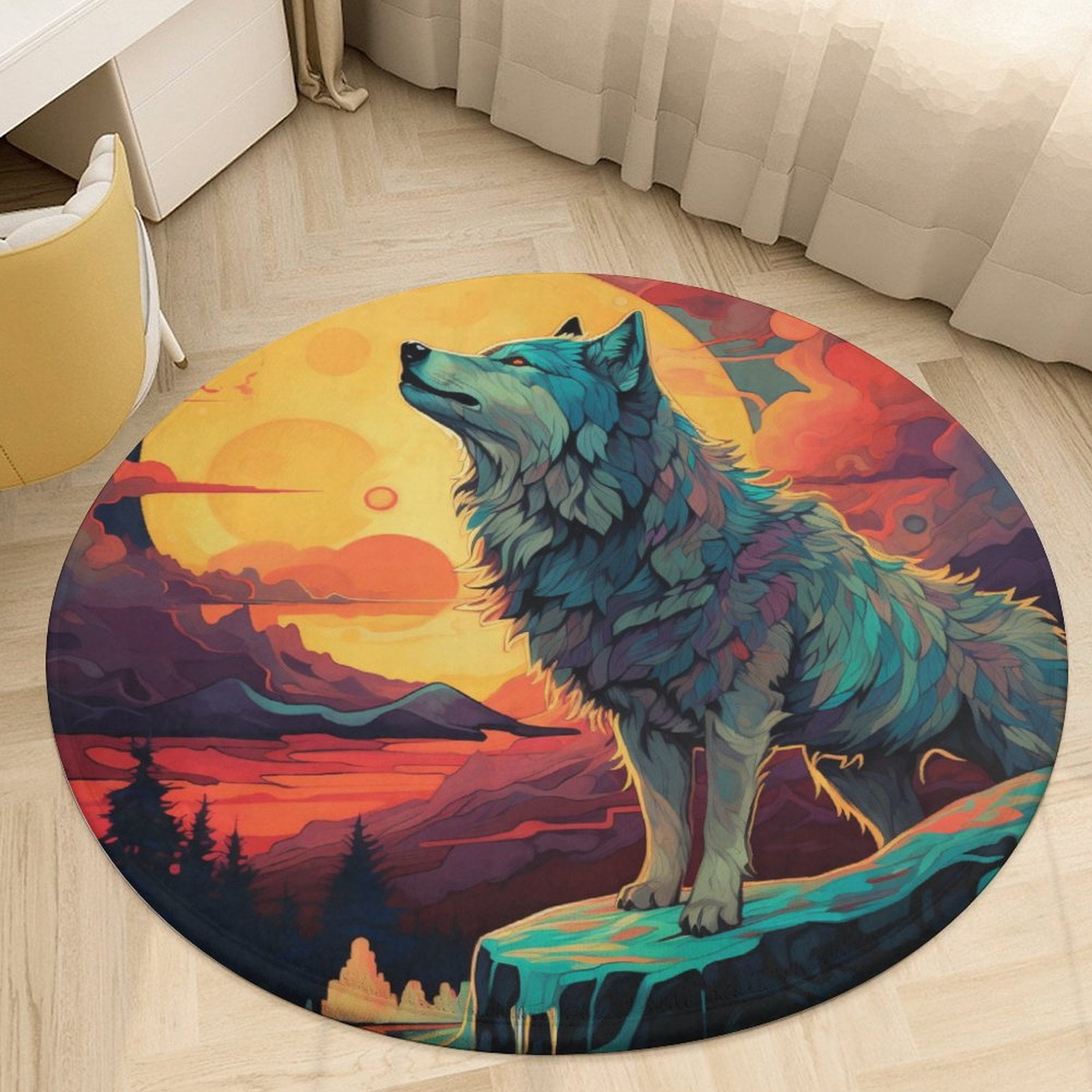 Colorful Lone Wolf Washable Round Rug -Circle Area Rugs for Bedroom ...
